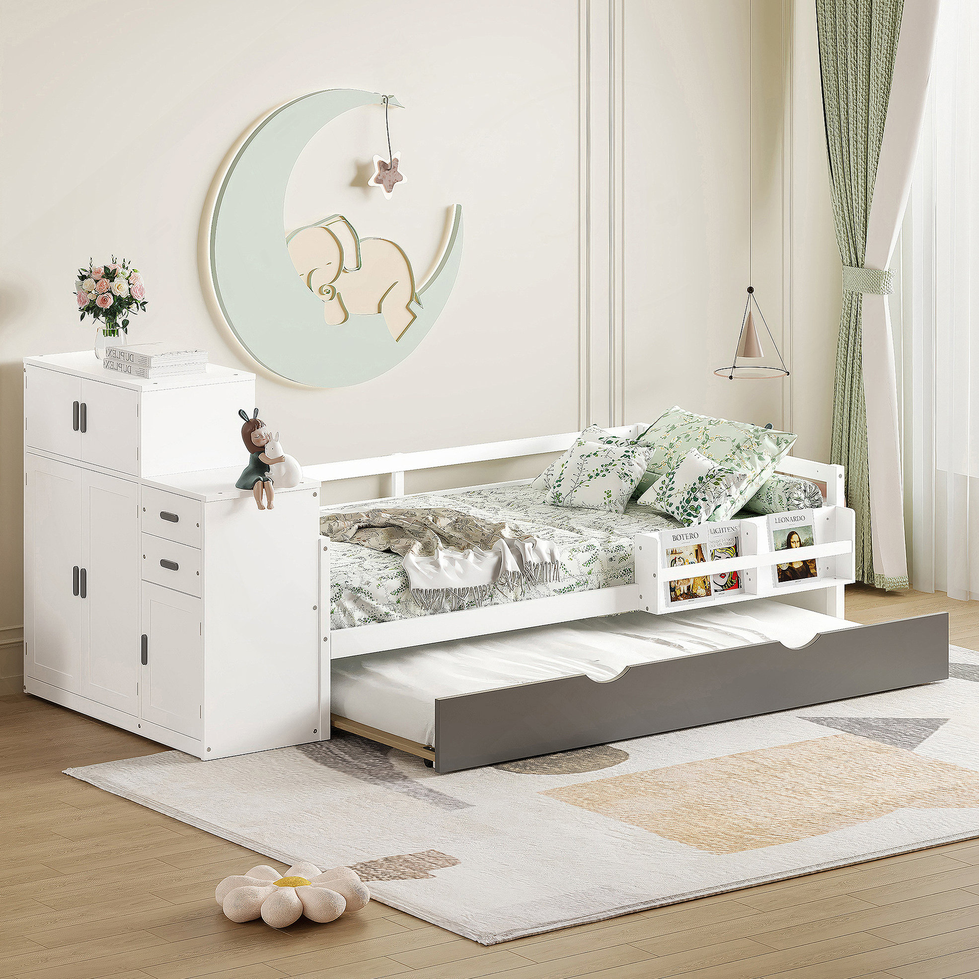 Latitude Run® Twin Size Wood Platform Bed, Bookshelf, Movable Wardrobe ...