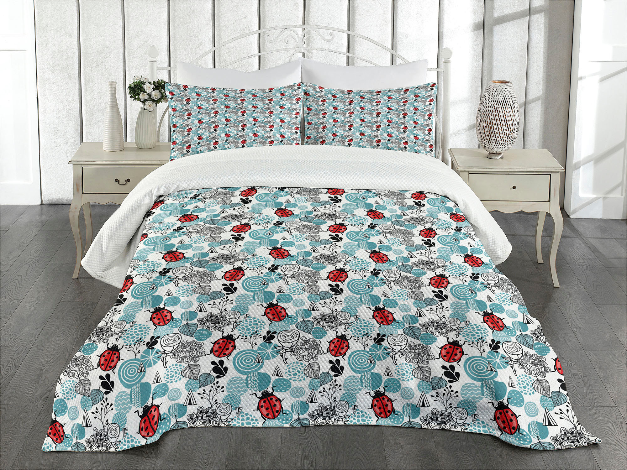 Ambesonne Ladybugs Bedspread Set Romantic Roses Flowers Pale Blue Red ...