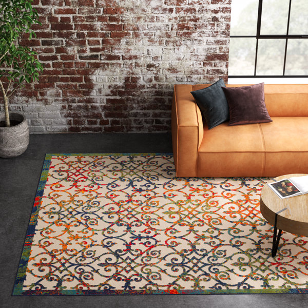 Freeport Park® Eaglin Abstract Indoor / Outdoor Area Rug in Ivory/Blue ...