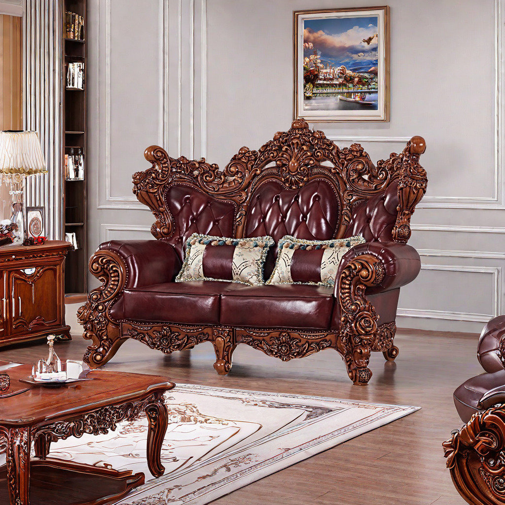 Romero Solid Wood Luxury Carved Sofa 80.71'' Genuine Leather Rolled Arm ...