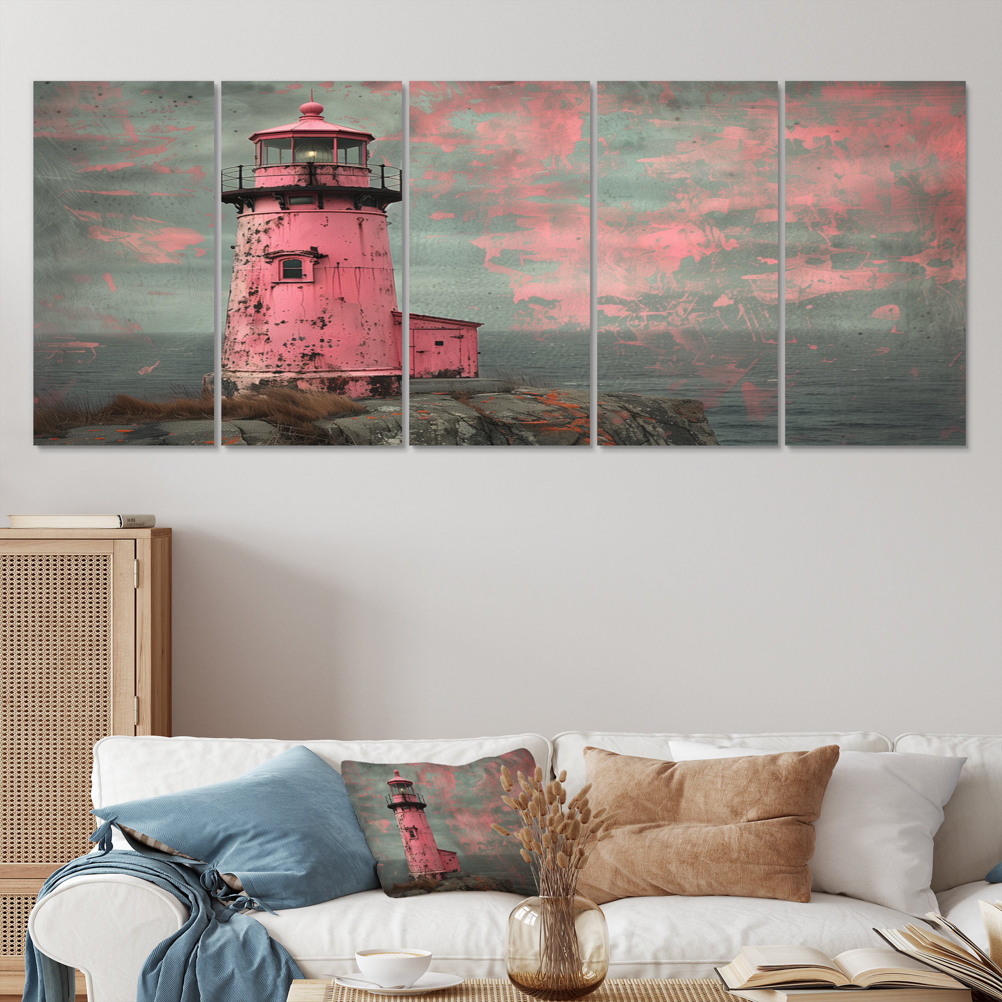 Design Art Pink Grey Vintage Lighthouse Cliff - Lighthouses Wall Art ...