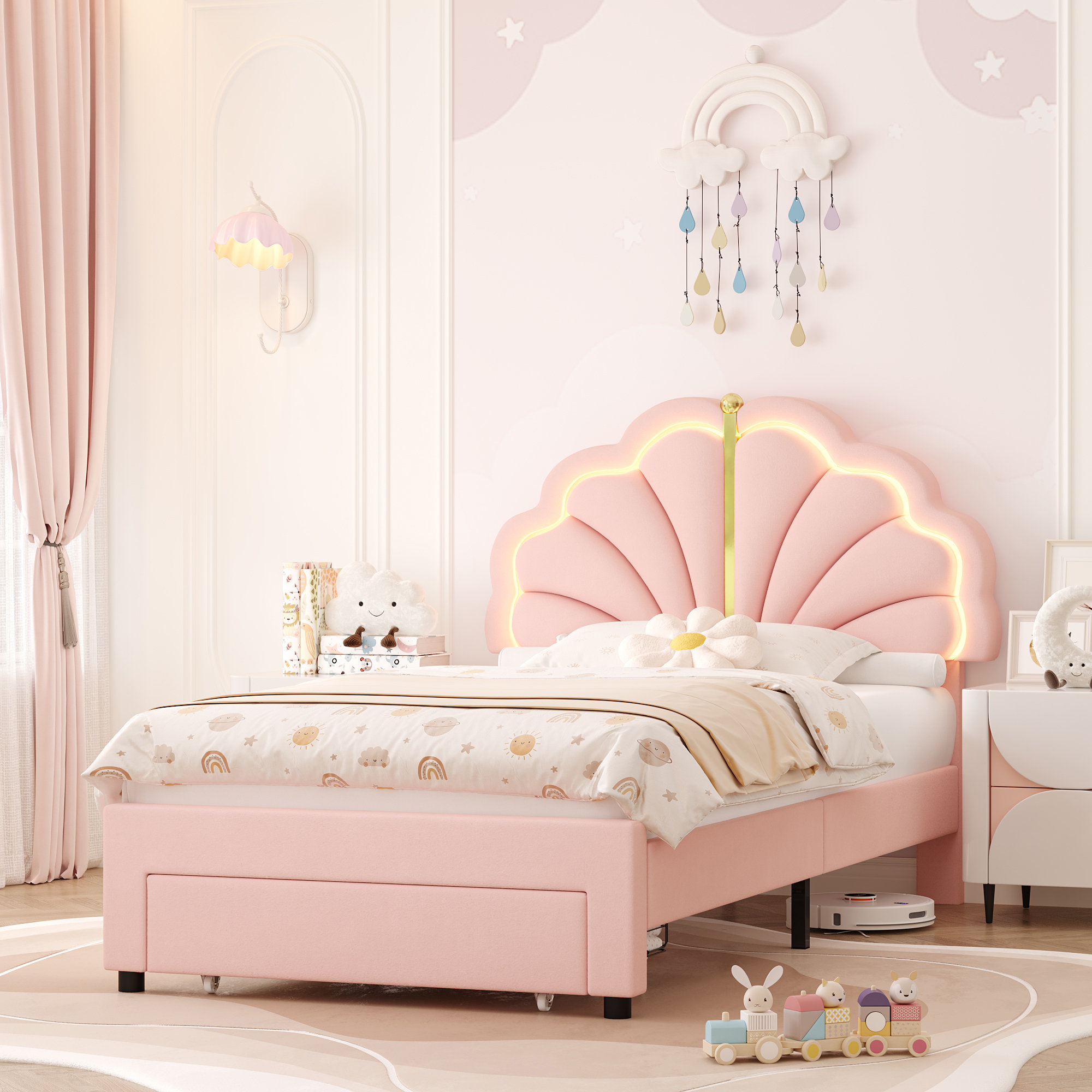 House of Hampton® Upholstered LED Bed, Princess Bed Frame with Drawers ...