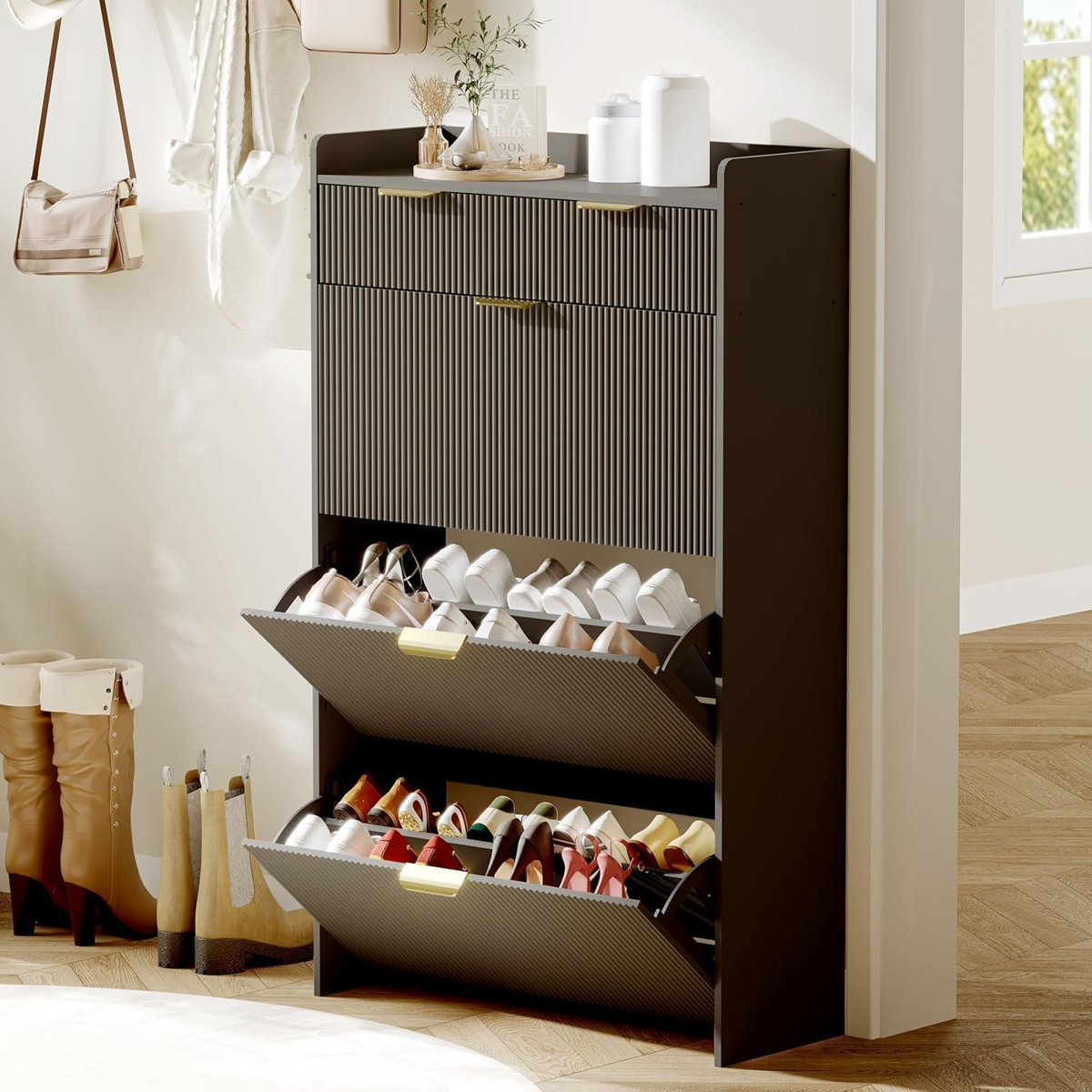 Latitude Run® Narrow Shoe Storage Cabinet with 3 Flip Drawers ...