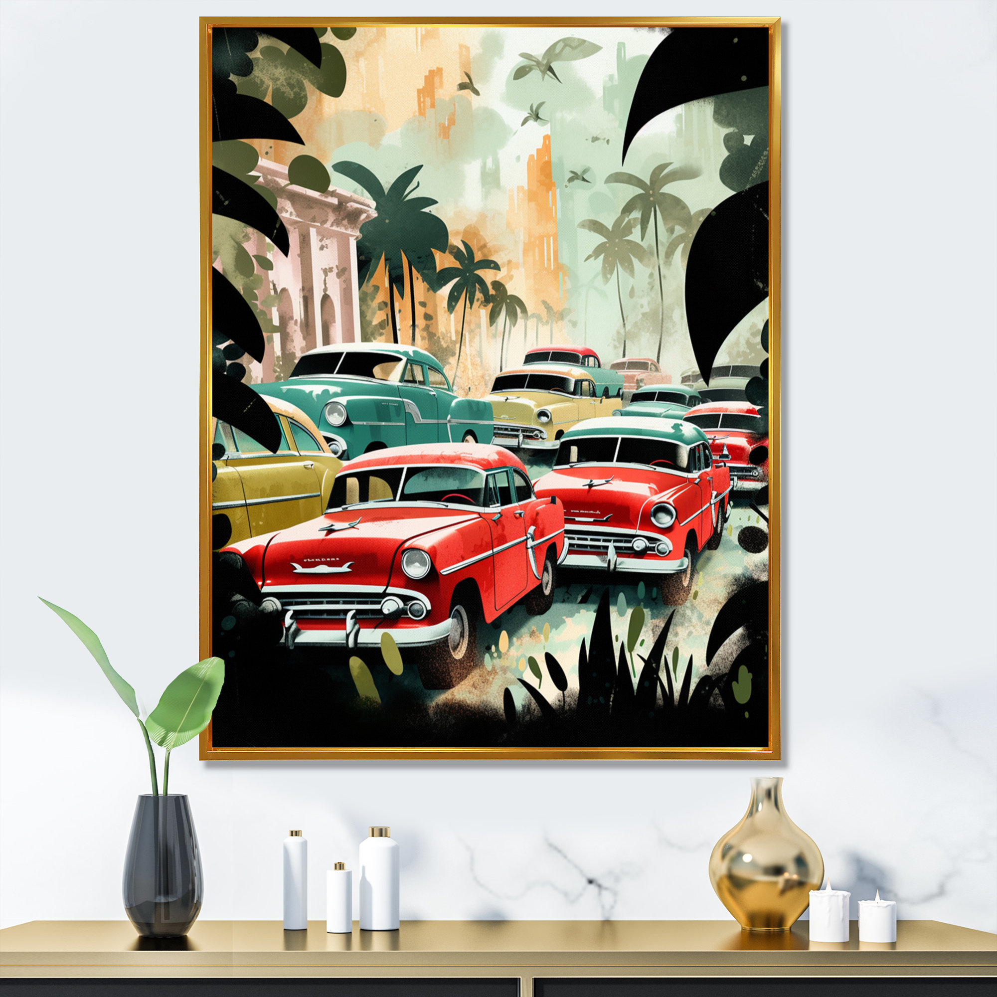 Alcott Hill® Red And Green Retro Cars In Tropical Paradise Framed On ...