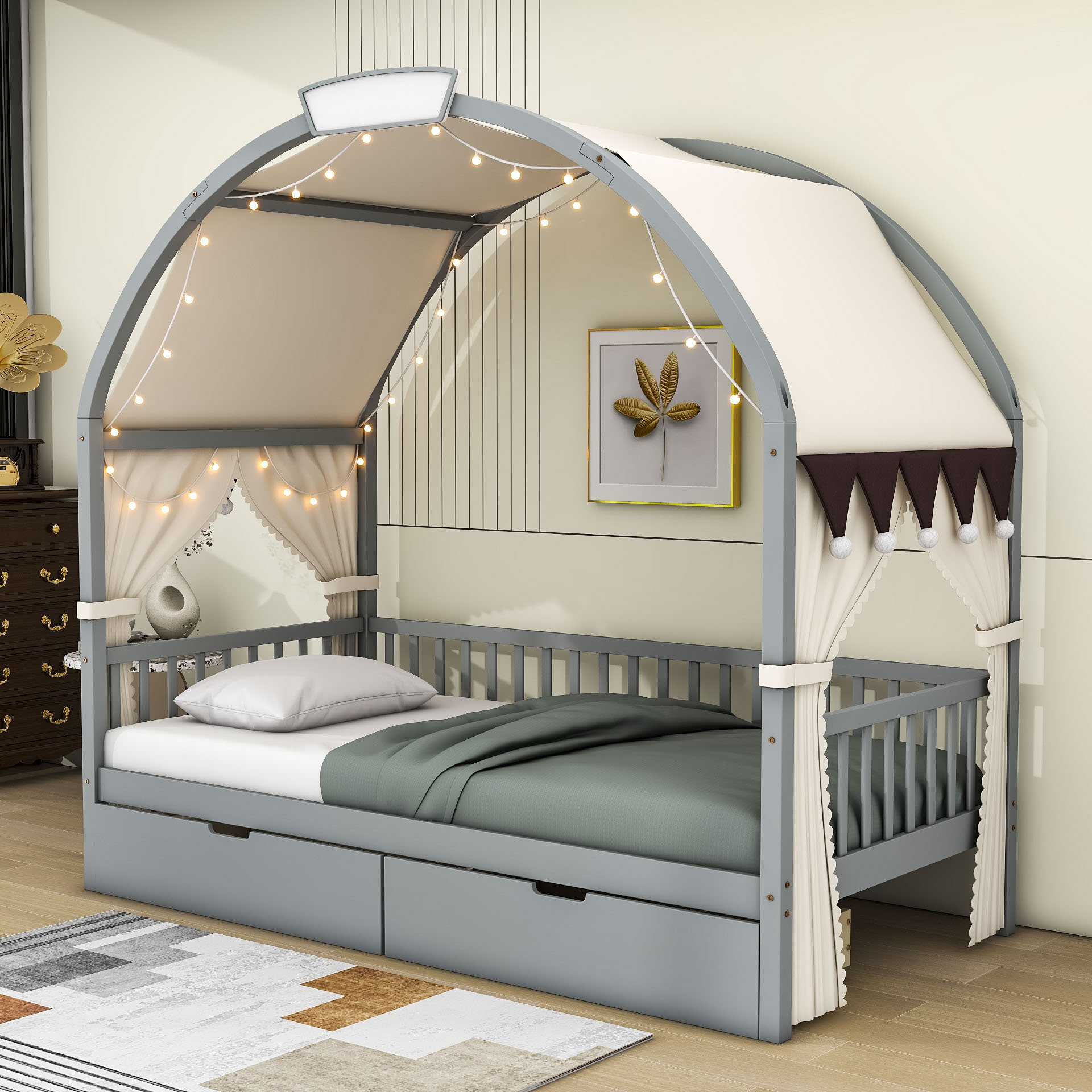 Harriet Bee Twin Wooden Ground-Level Canopy DayBed with 2 Drawers | Wayfair