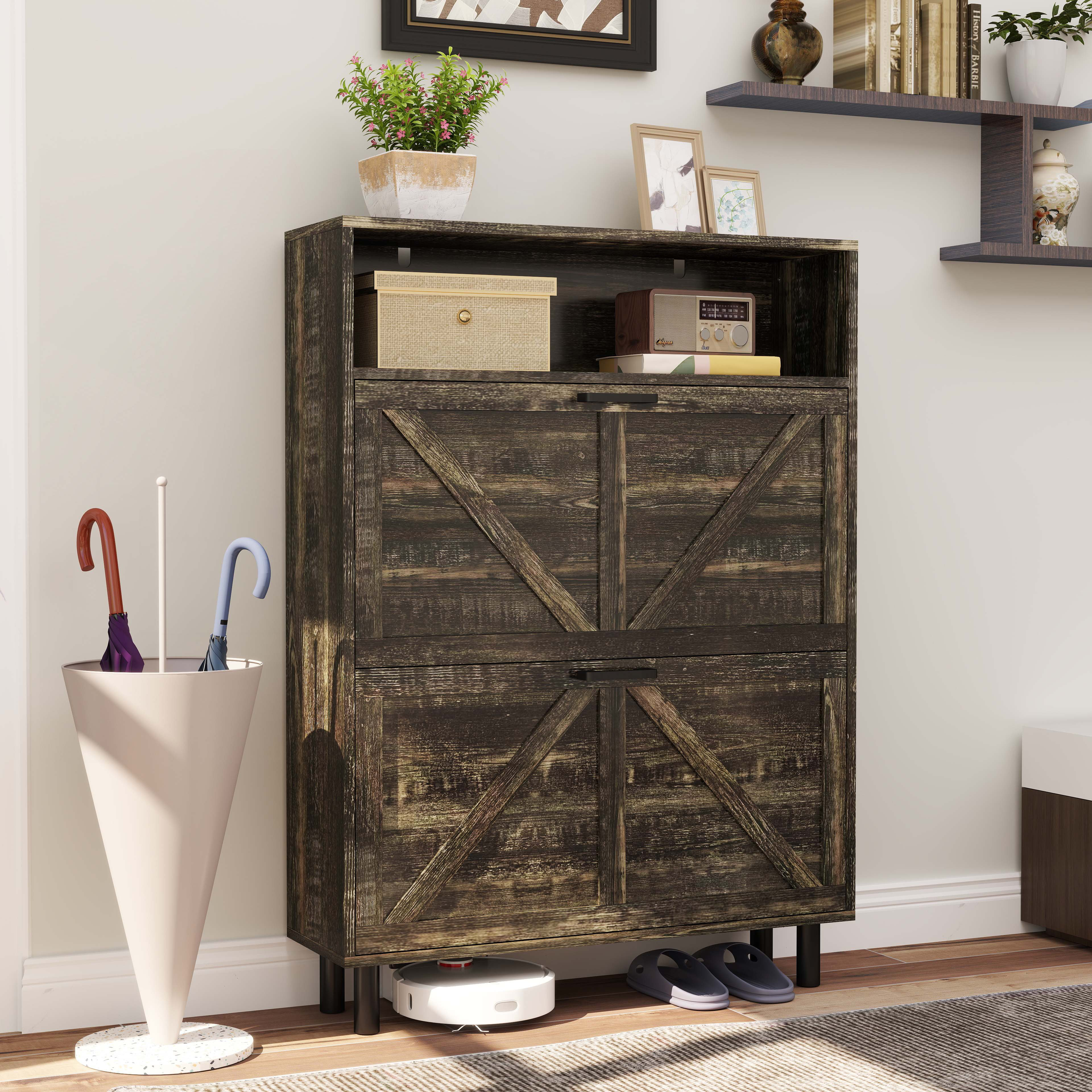 Gracie Oaks Farmhouse Shoe Storage Cabinet With Barn Door Design, Shoe ...