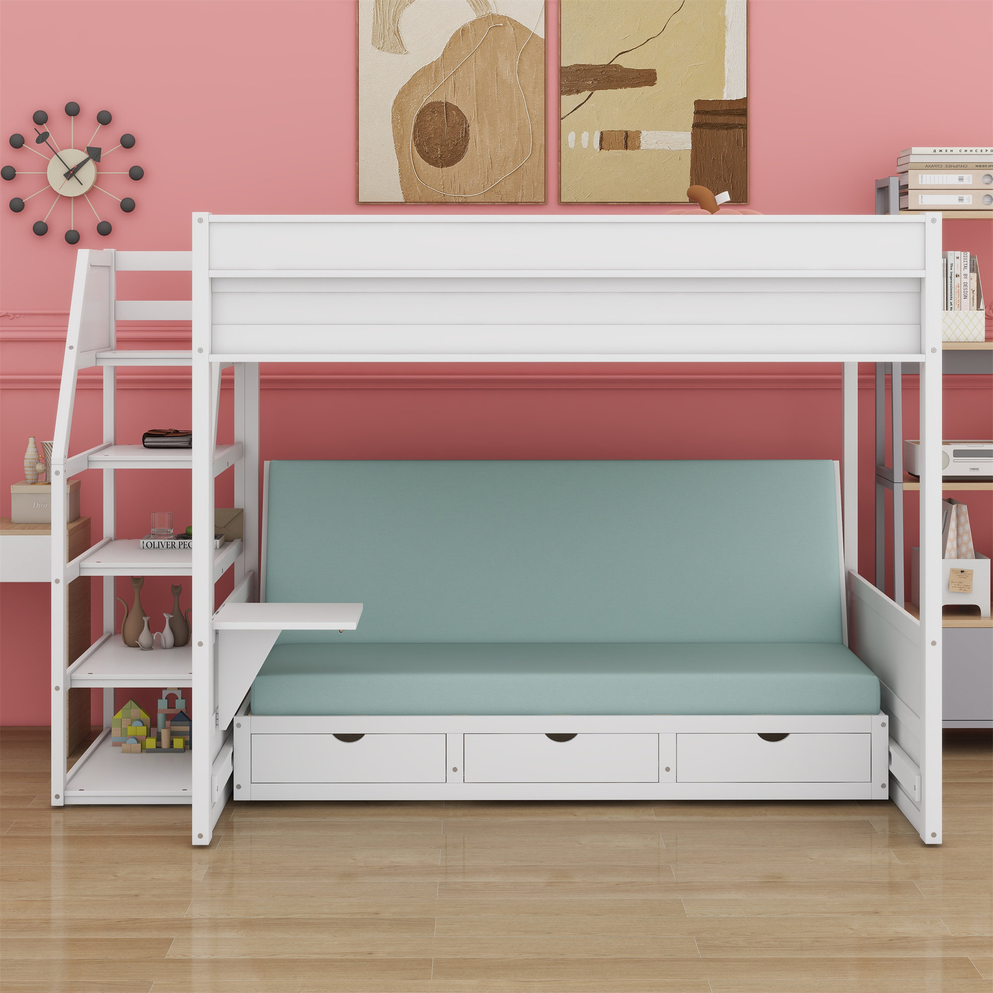 Harriet Bee Wood Convertible Bunk Bed With Storage Staircase, Bedside ...