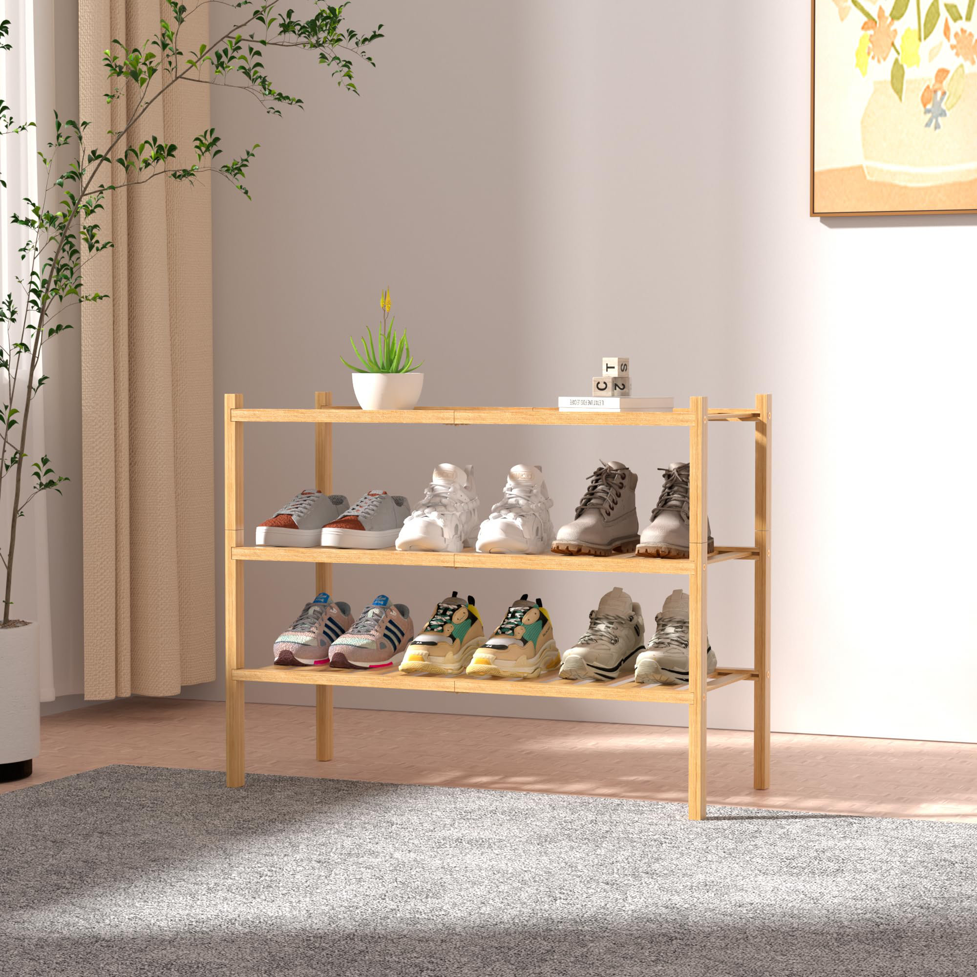Rebrilliant Thick Bamboo Shoe Rack for Entryway, 3-Tier Free Standing ...