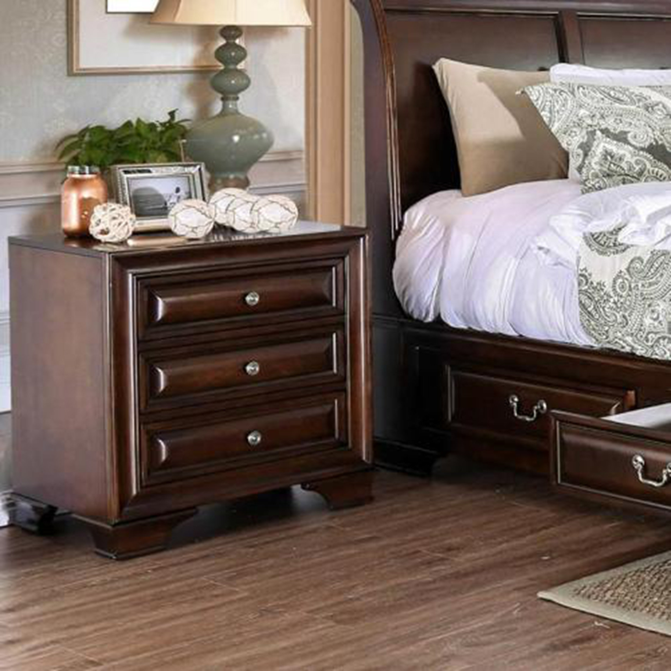 Wildon Home® Brown Cherry Solid Wood Nightstand - Nickel Round Knobs, 3 ...
