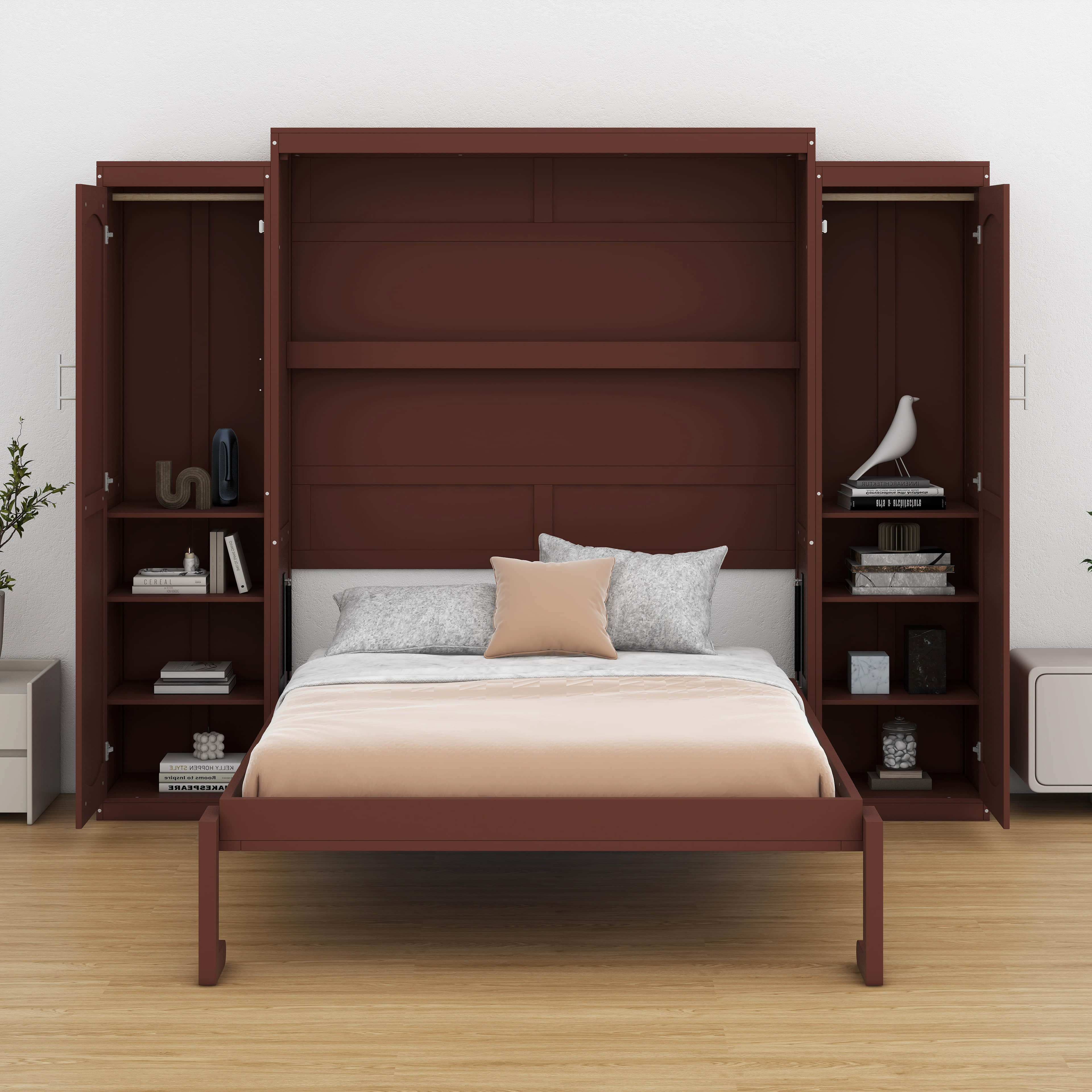 Latitude Run® Full Size Wood Murphy Bed – 2 Wardrobes & Storage Shelf ...