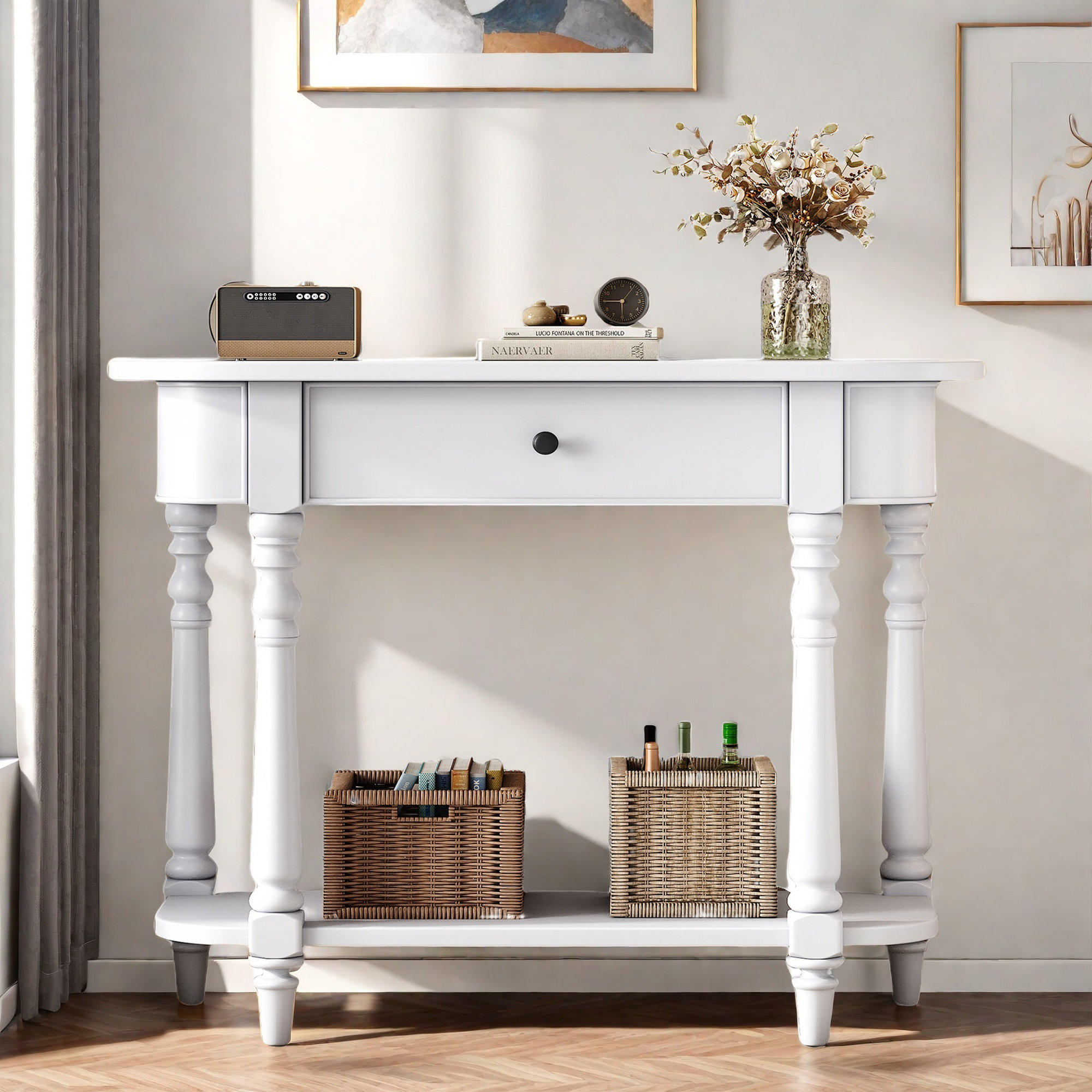 Alcott Hill Retro Corner-curved Console Table With A Top Drawer, Open ...