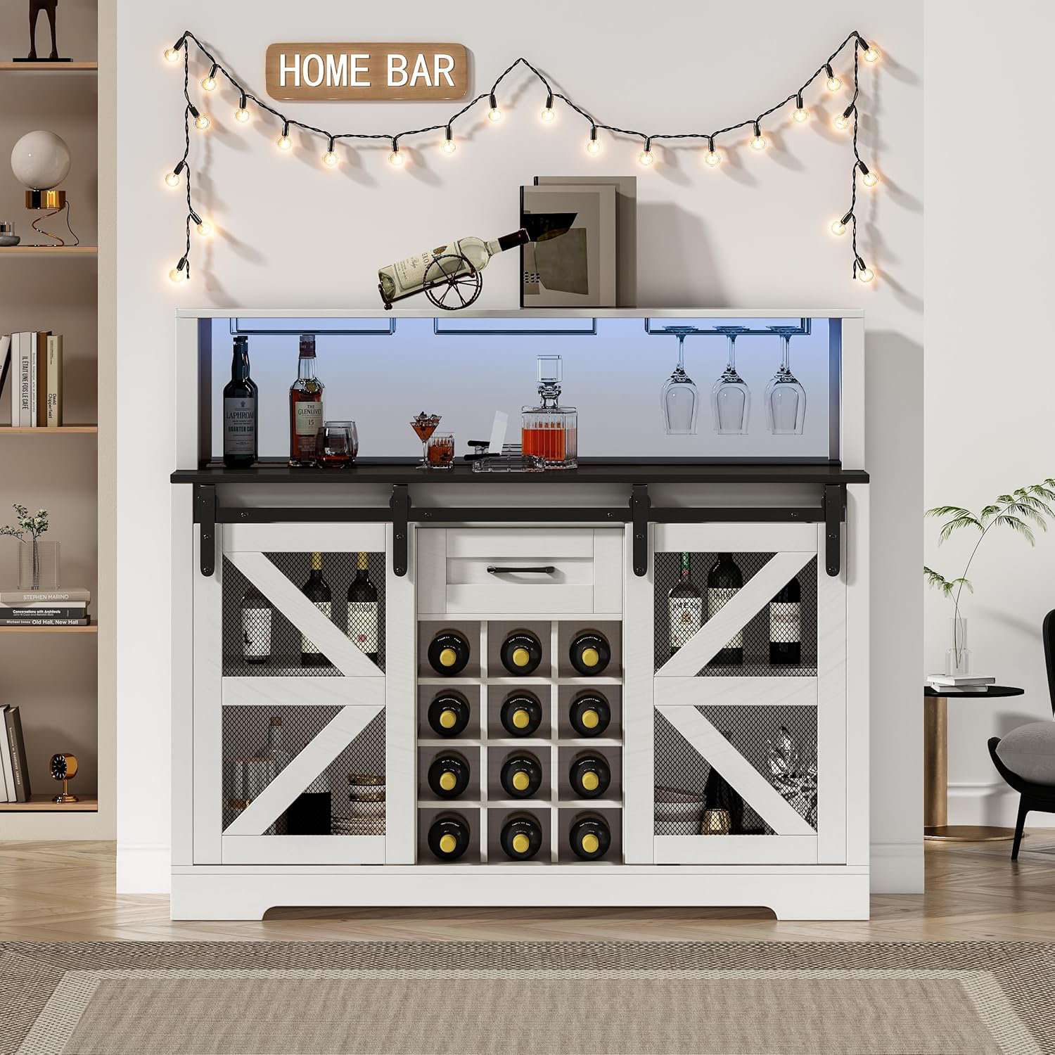 Gracie Oaks 48" Wine Bar Cabinet with LED Strip, Farmhouse Wine Cabinet ...