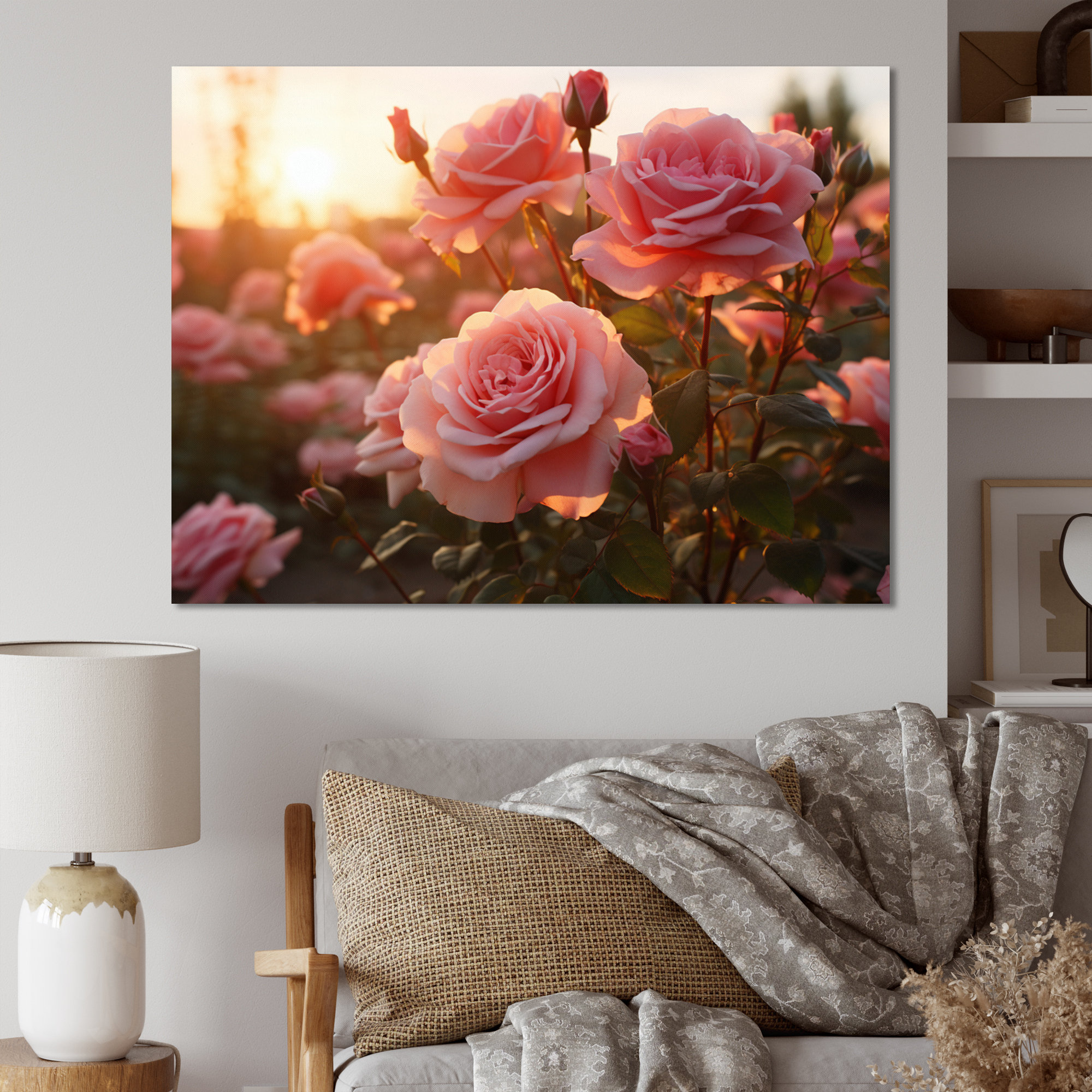 Ebern Designs Pink Roses Field With Sunset | Wayfair