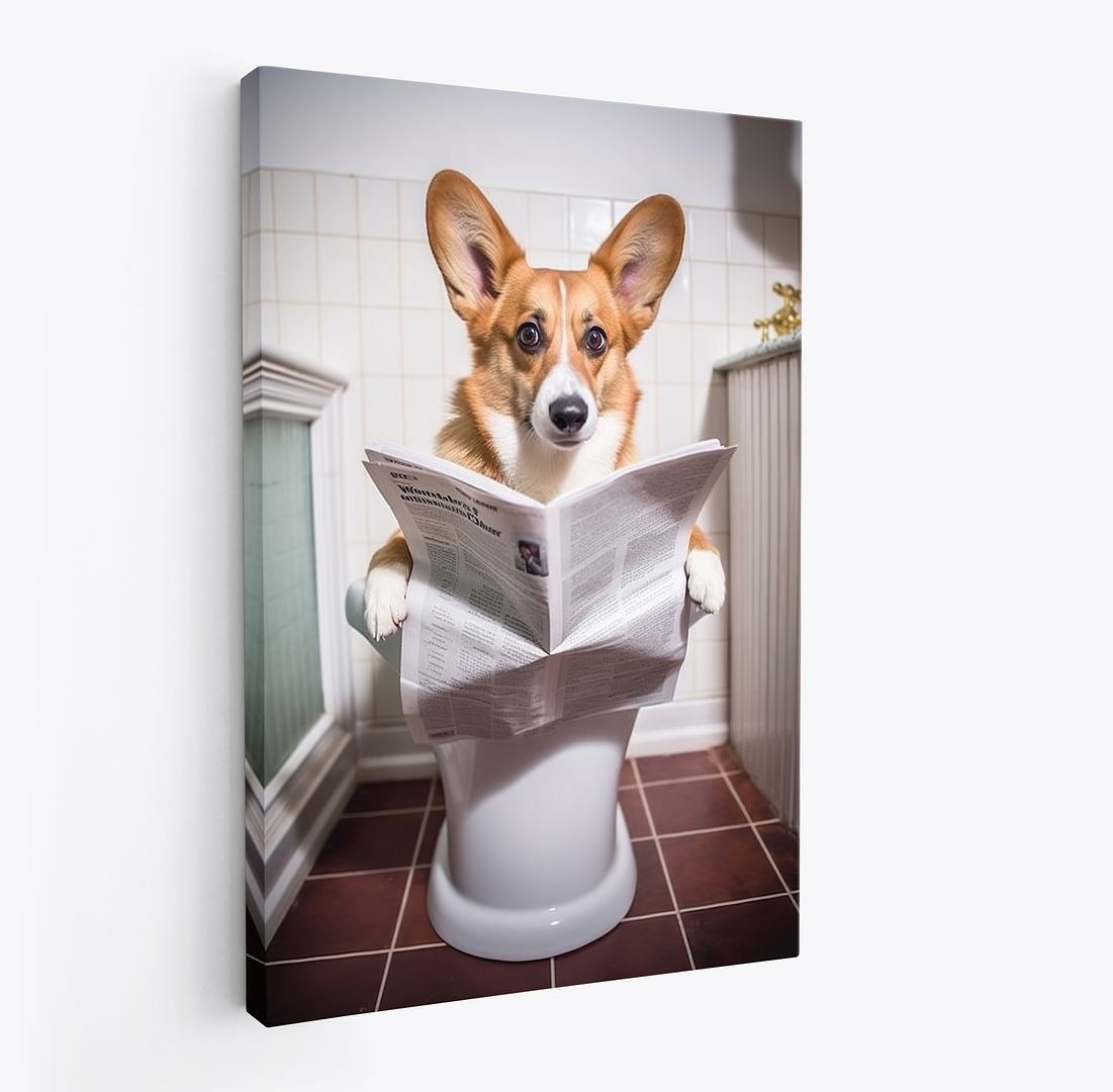 Happy Larry Corgi Dog Sat on Toilet Reaing Paper | Wayfair.co.uk