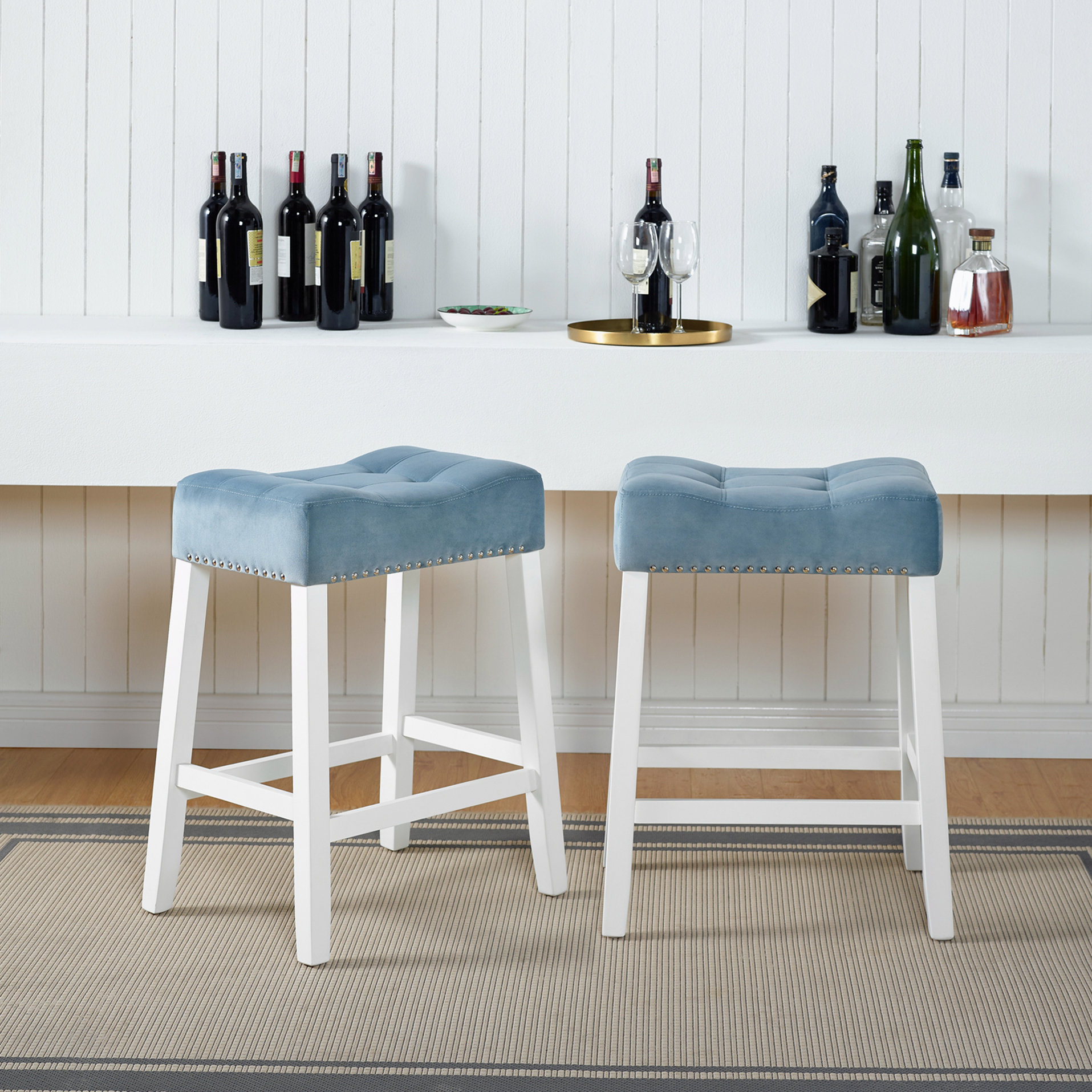 Mercer41 Velvet Counter Height Stools with Tufted Saddle Seats,Set of 2 ...