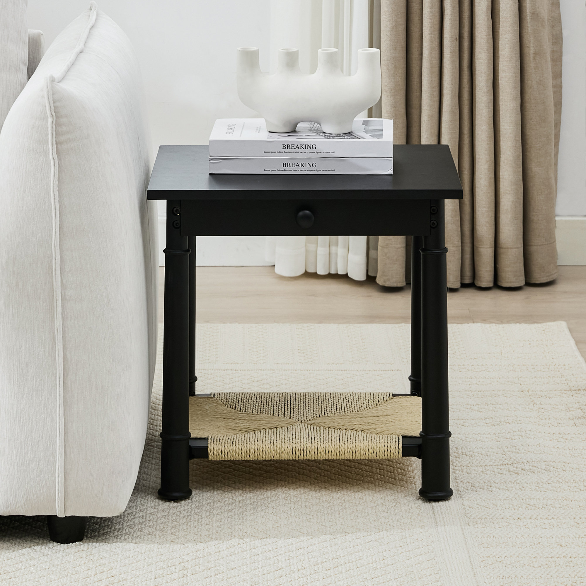 Breakwater Bay Farmhouse Two-Tier End Table With Drawer, Solid Wood Legs Side Table With Paper ...