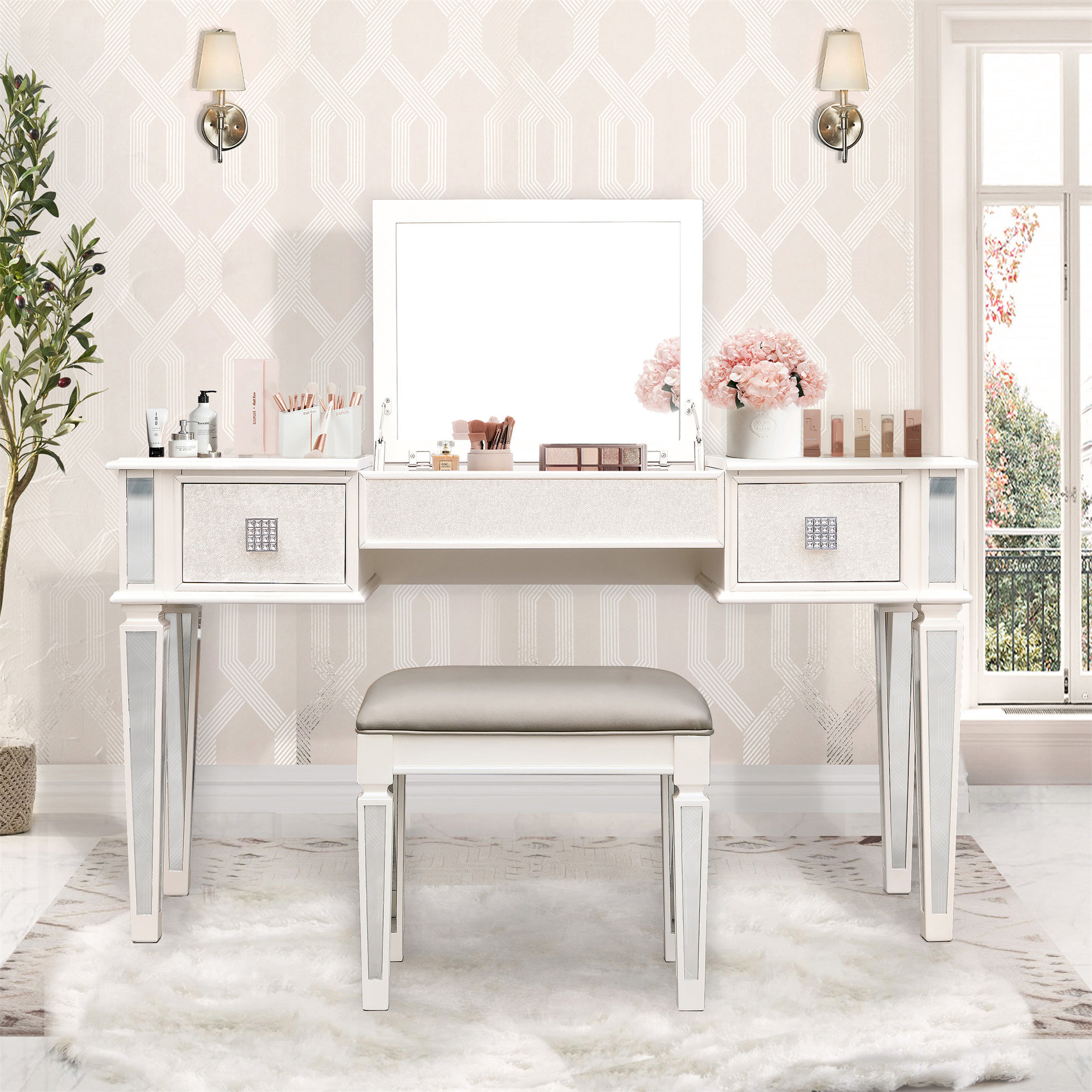 Latitude Run® Mirrored Vanities Desk With Drawers, Bedroom Makeup ...