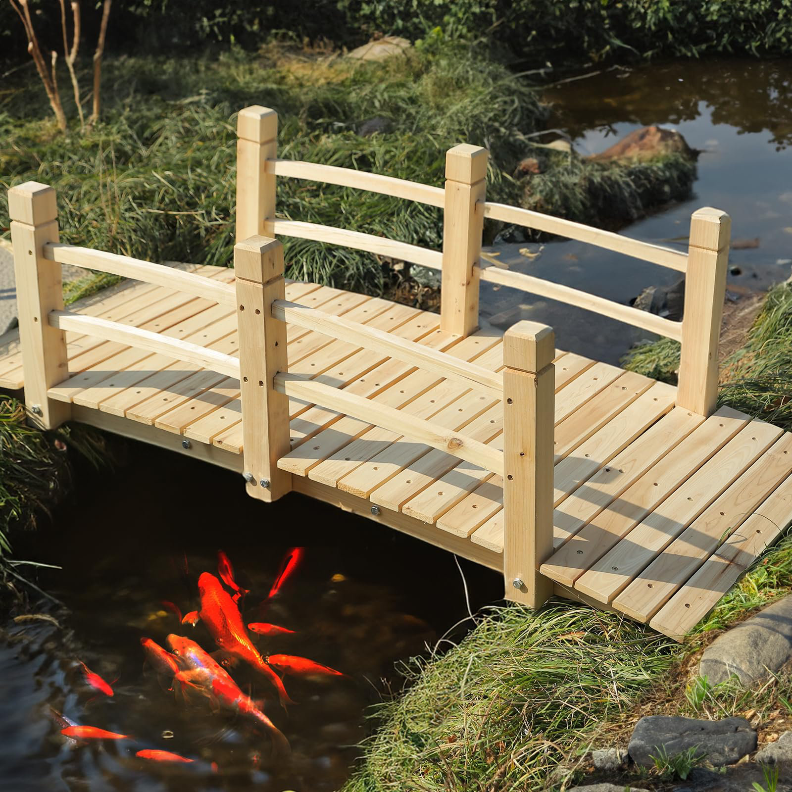 HOMEDIARY Fir Wood Garden Bridge, Outdoor Arc Footbridge Walkway With ...