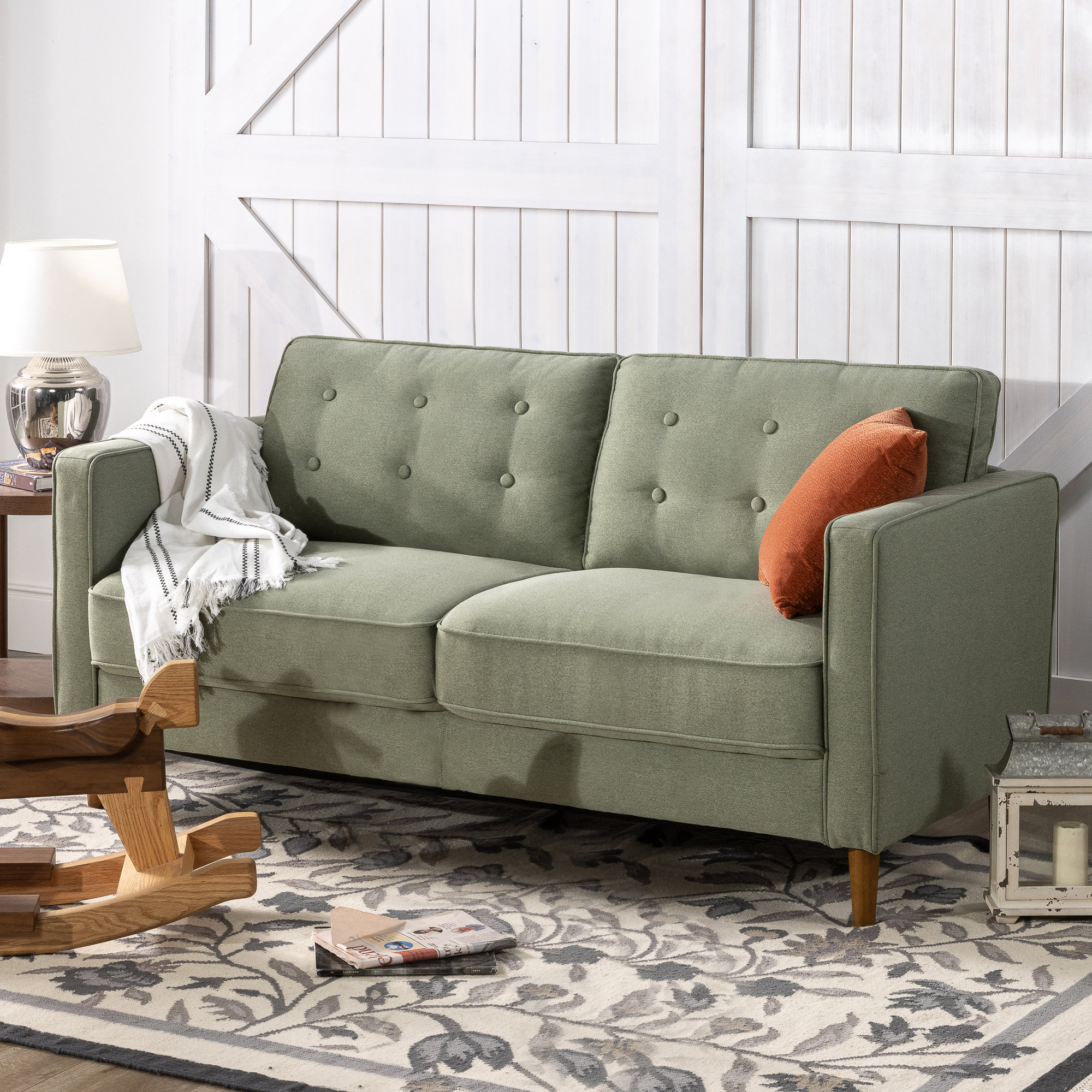 Floman Mid Century Modern Upholstered sofa Button Tufted Fabric Comfort seat Sturdy frame with supportive foam cushions Durable Stylish