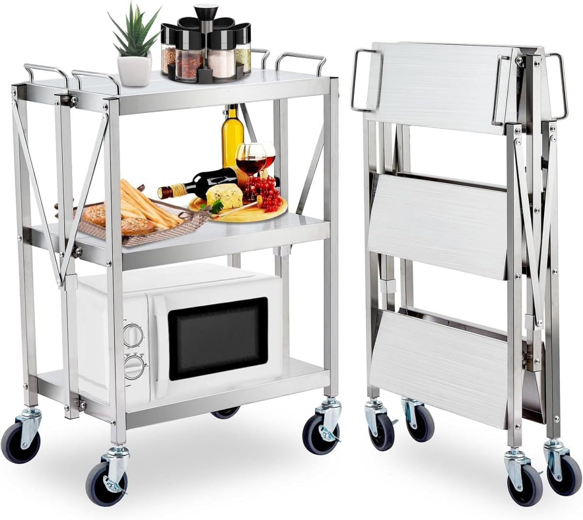ASOPIX 3-Tier Foldable Service Carts with Wheels, Rolling Cart Utility ...