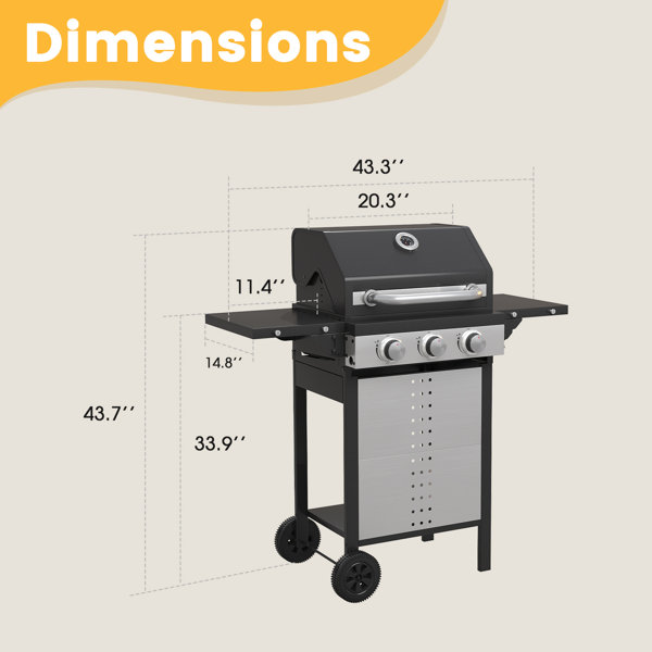 Vicllax 3-Burner Freestanding Propane Gas Grill with Foldable Side ...