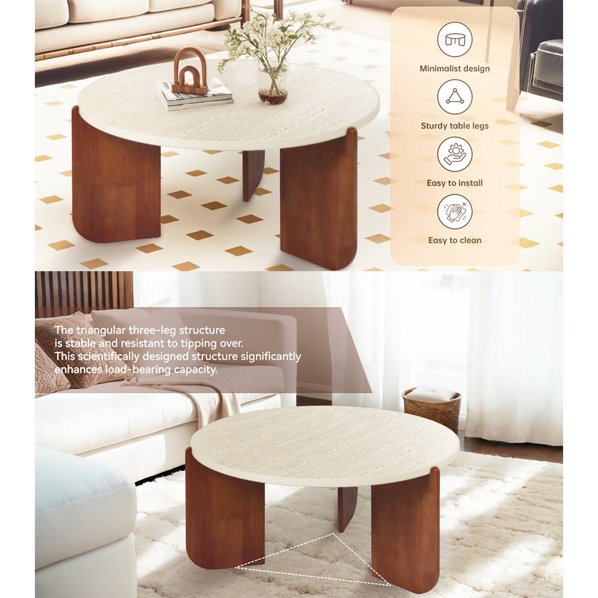 Ivy Bronx Elegant Round Travertine Texture Coffee Table – 30” Stone ...