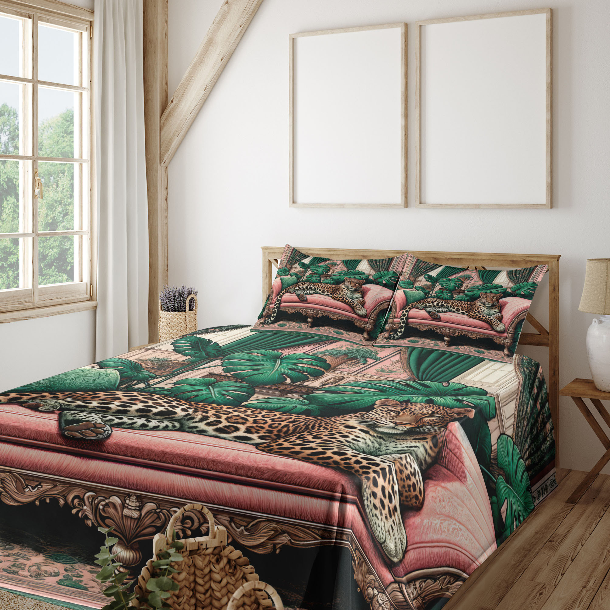 Ambesonne Leopard Sheet Set Monsteras Wild Cat Lounge Pink and Jade ...