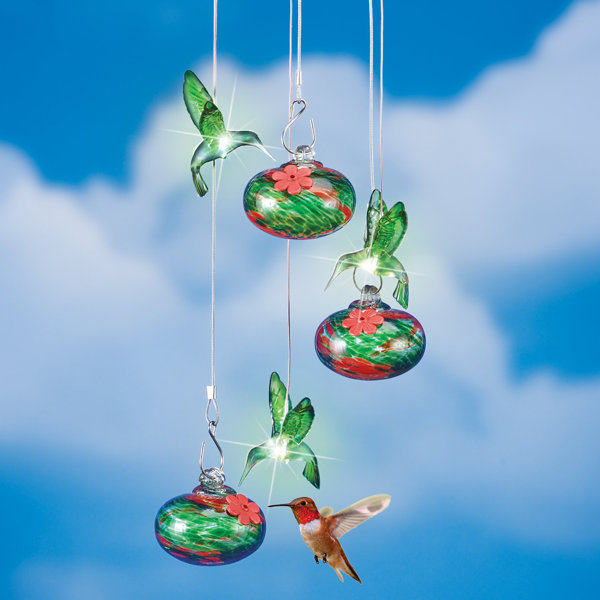 Arlmont & Co. Solar Powered Triple Hanging Hummingbird Glass Feeder ...