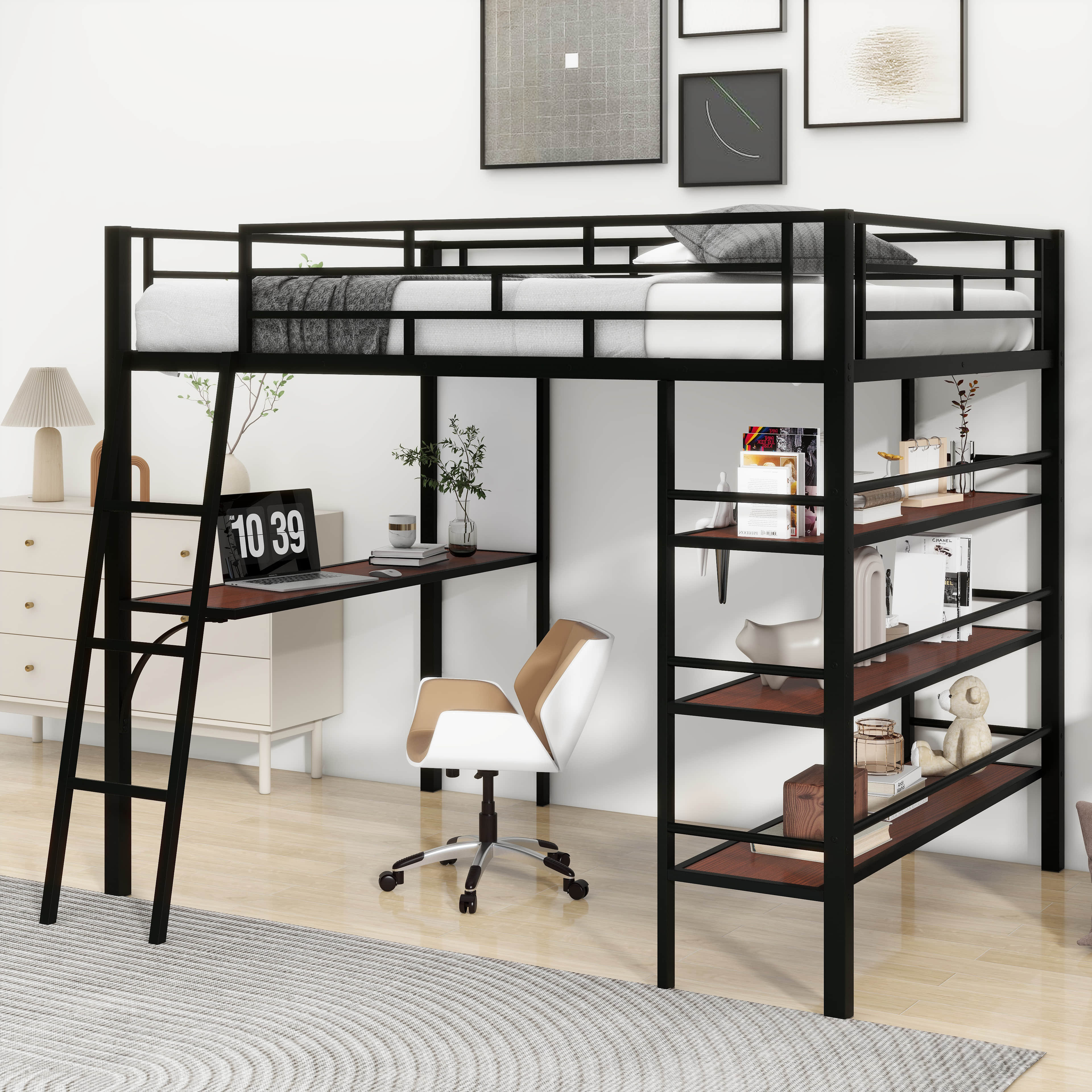 Mason & Marbles Adwin Full Size Loft Metal Bed with 3 Layers of Shelves ...