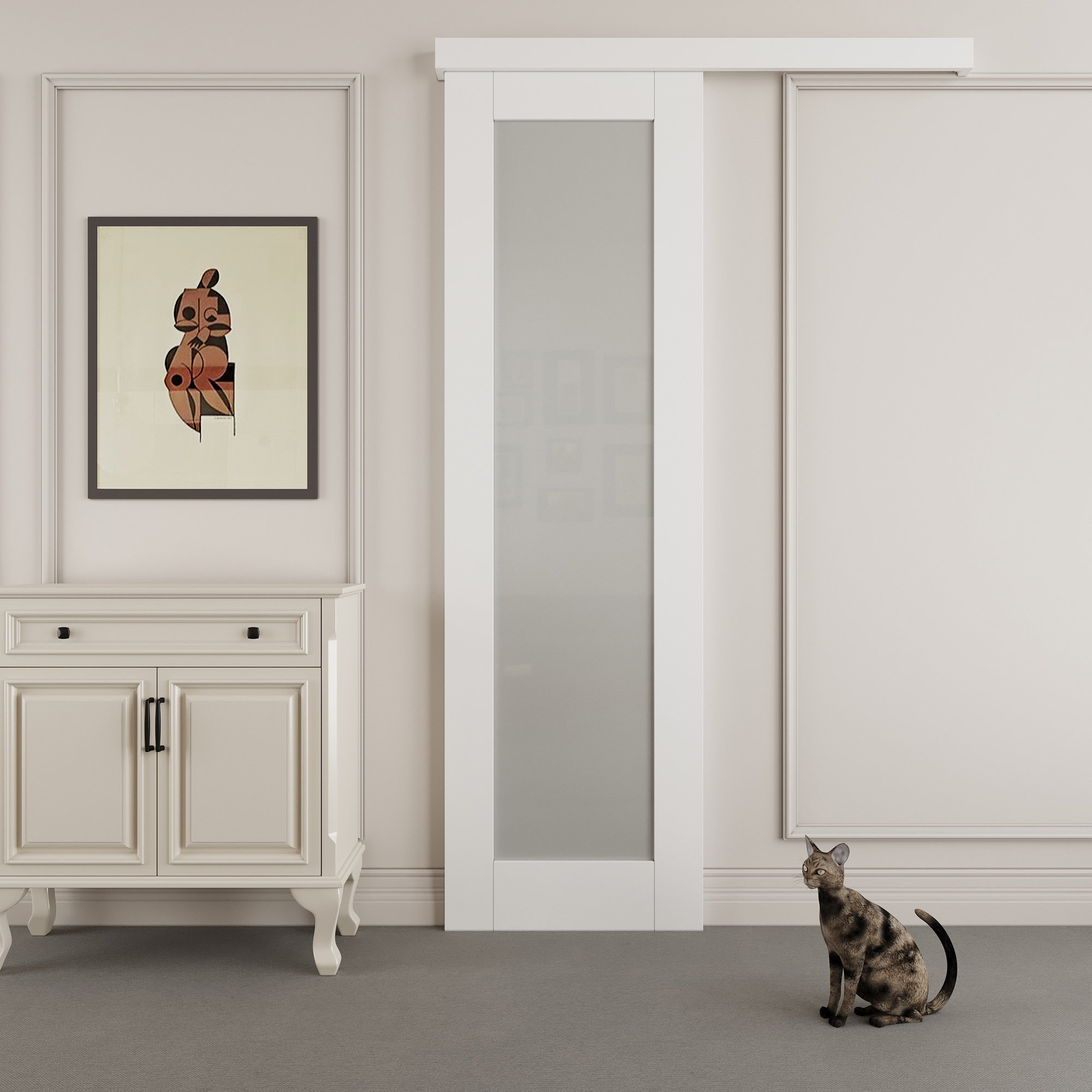 Win Stellar 80" Hidden Style Track White Primed 1-Lite Frosted Glass ...
