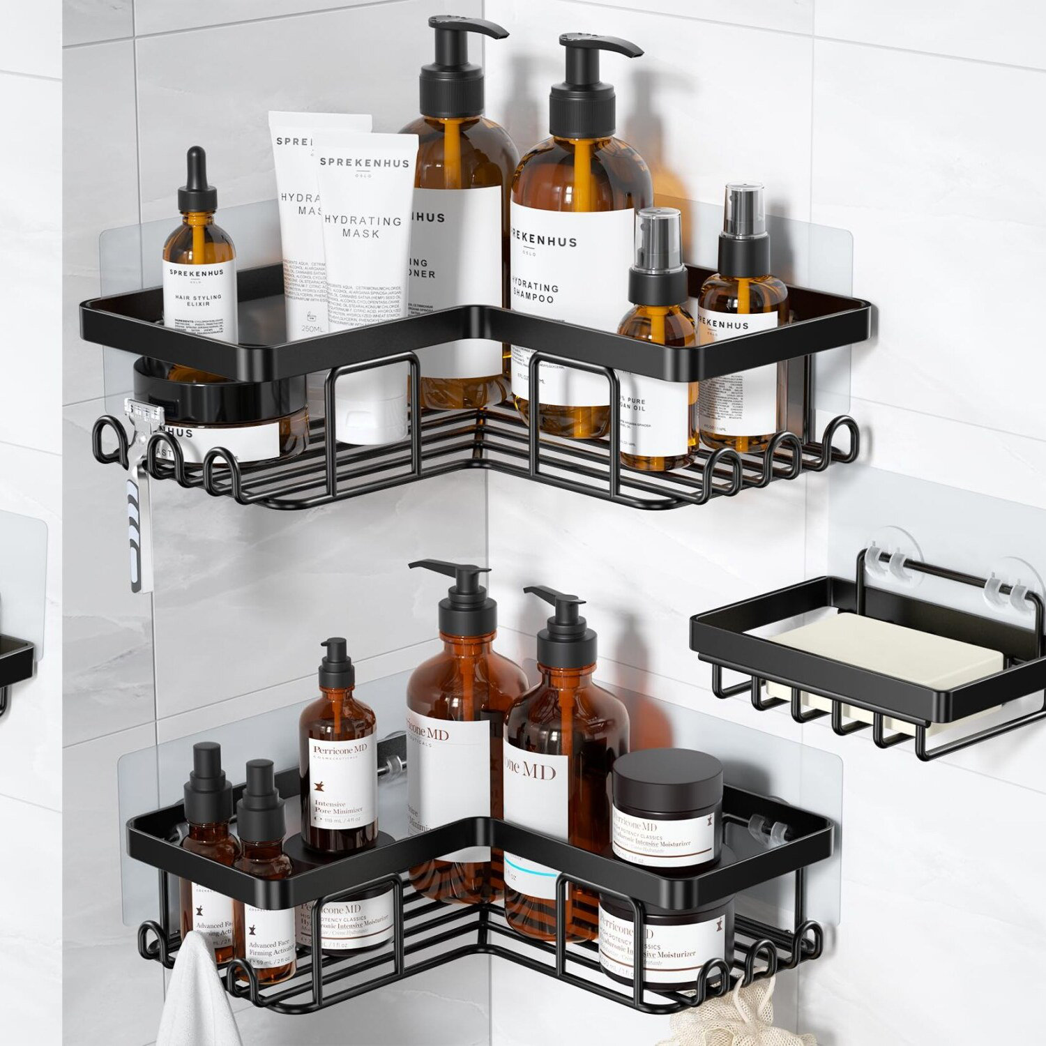 Rebrilliant Rustproof Corner Shower Caddy with Soap Holder & 12 Hooks ...