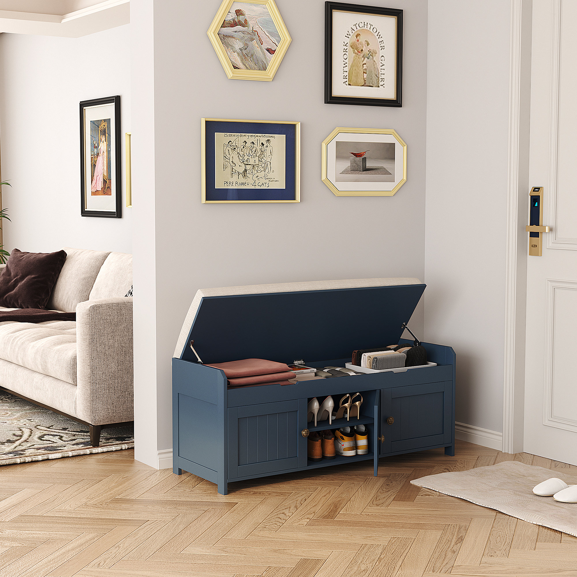 Lark Manor™ 10 Pair Linen Blend Upholstered Shoe Storage Bench | Wayfair