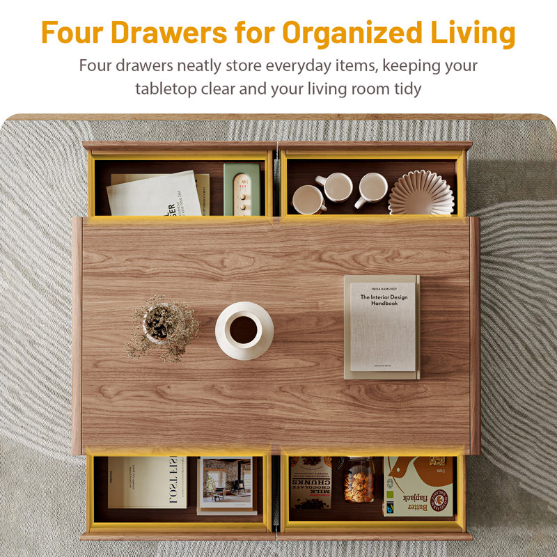 Corrigan Studio Modern Walnut Coffee Table With 4 Storage Drawers ...