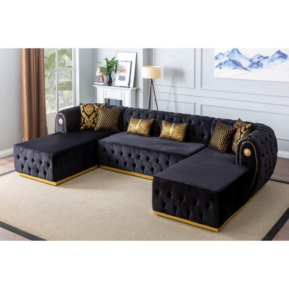 Rosdorf Park Siesta U Double Chase Sectional Velvet Upholstery- Black ...