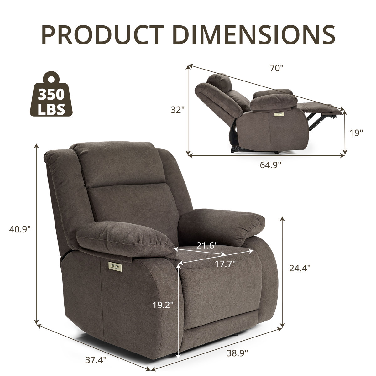 Wade Logan 39" Wide Upholstered Power Recliner with Power Adjustable ...