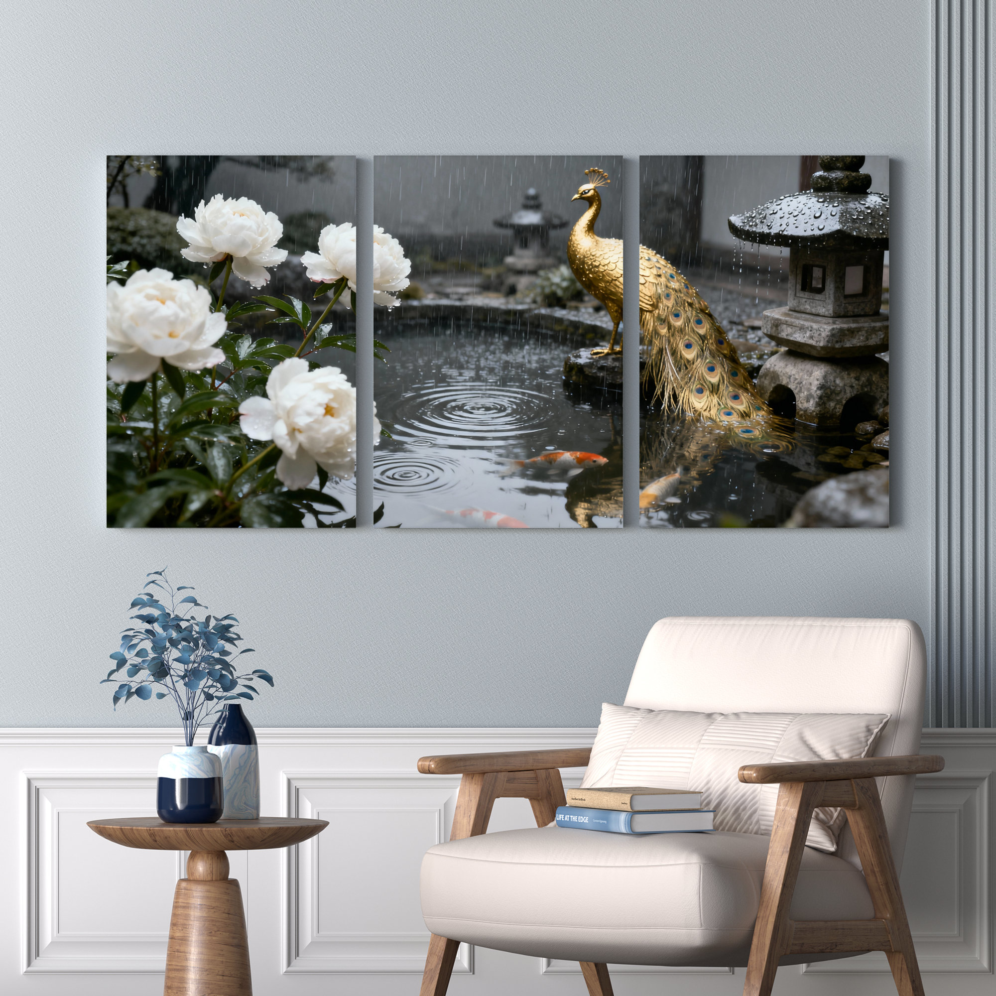 Winston Porter Peacock And White Flowers In Rainy Garden Canvas Wrapped ...