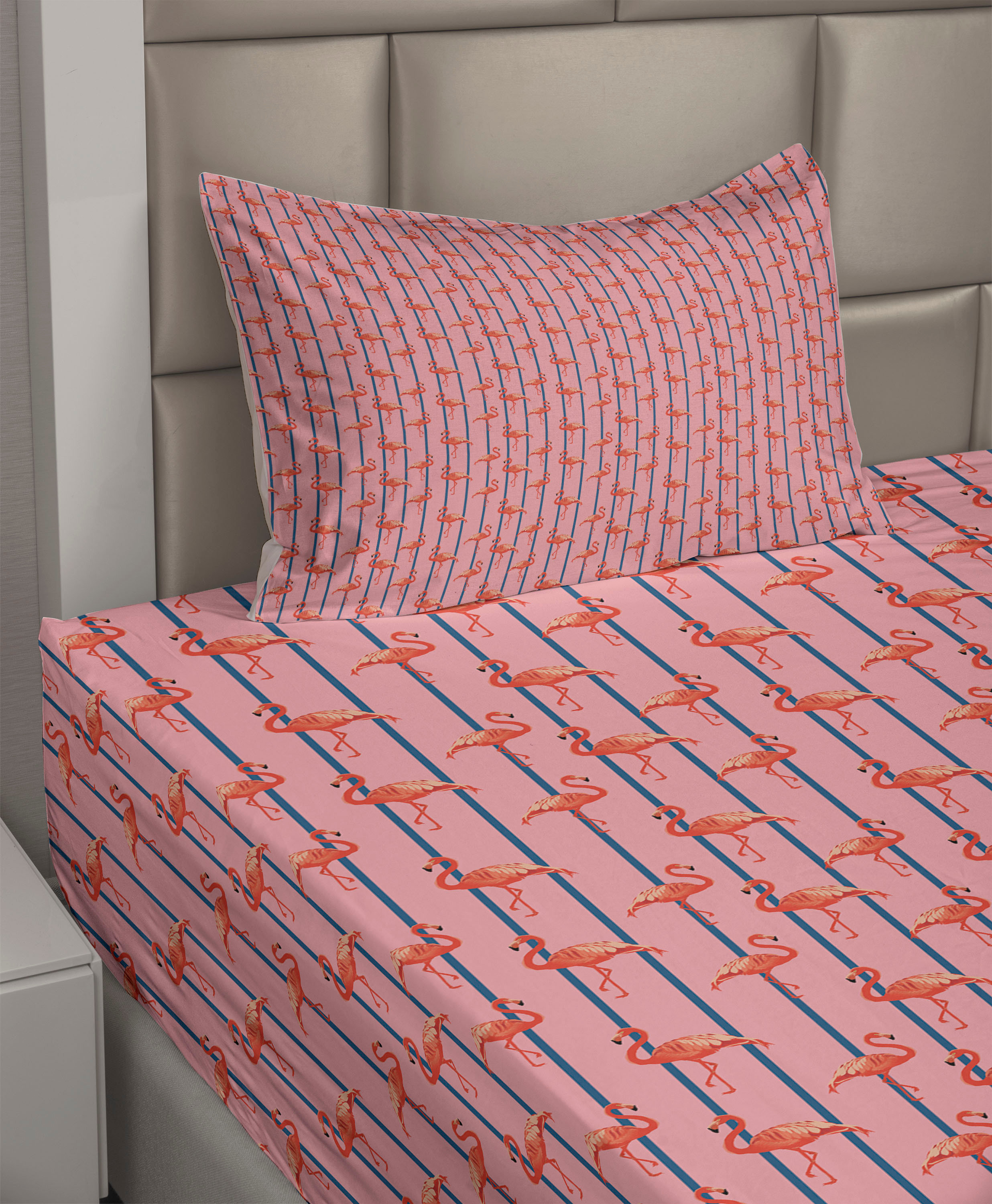 Ambesonne Flamingo Sheet Set Tropical Animals Stripes Dark Sky Blue and ...