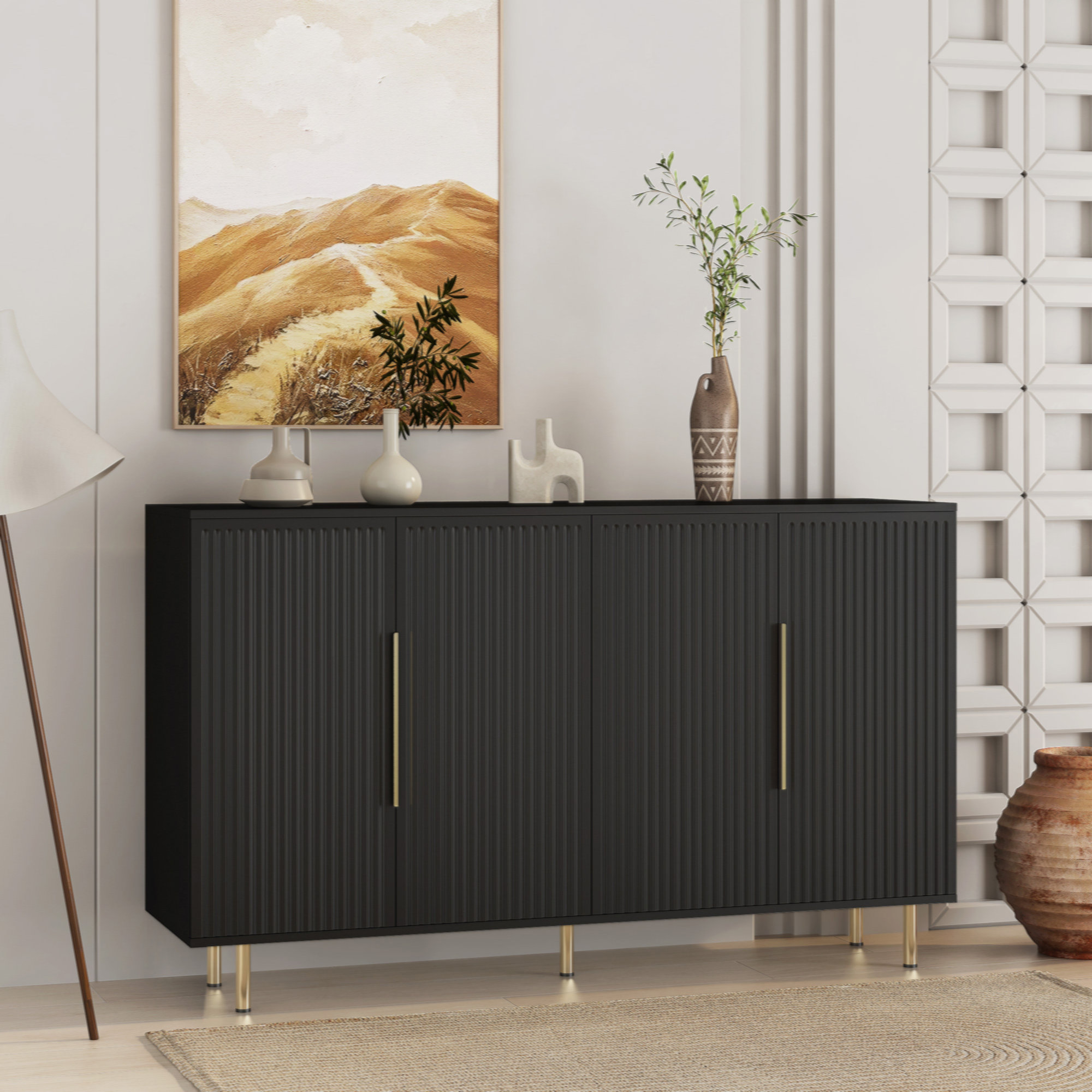 Mercer41 Black Modern Buffet Cabinet With Storage, Fluted Sideboard ...