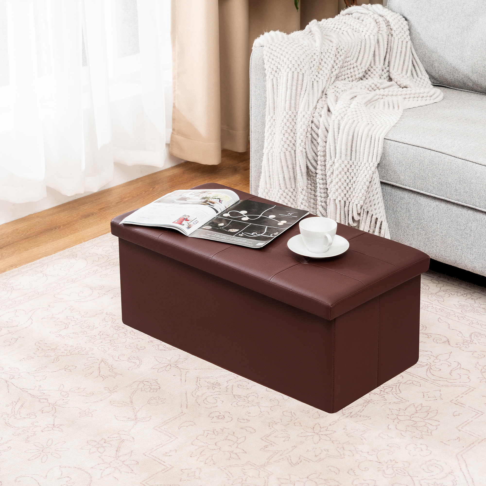 Ebern Designs Folding Storage Ottoman With Tray Top – Faux Leather, 30 ...