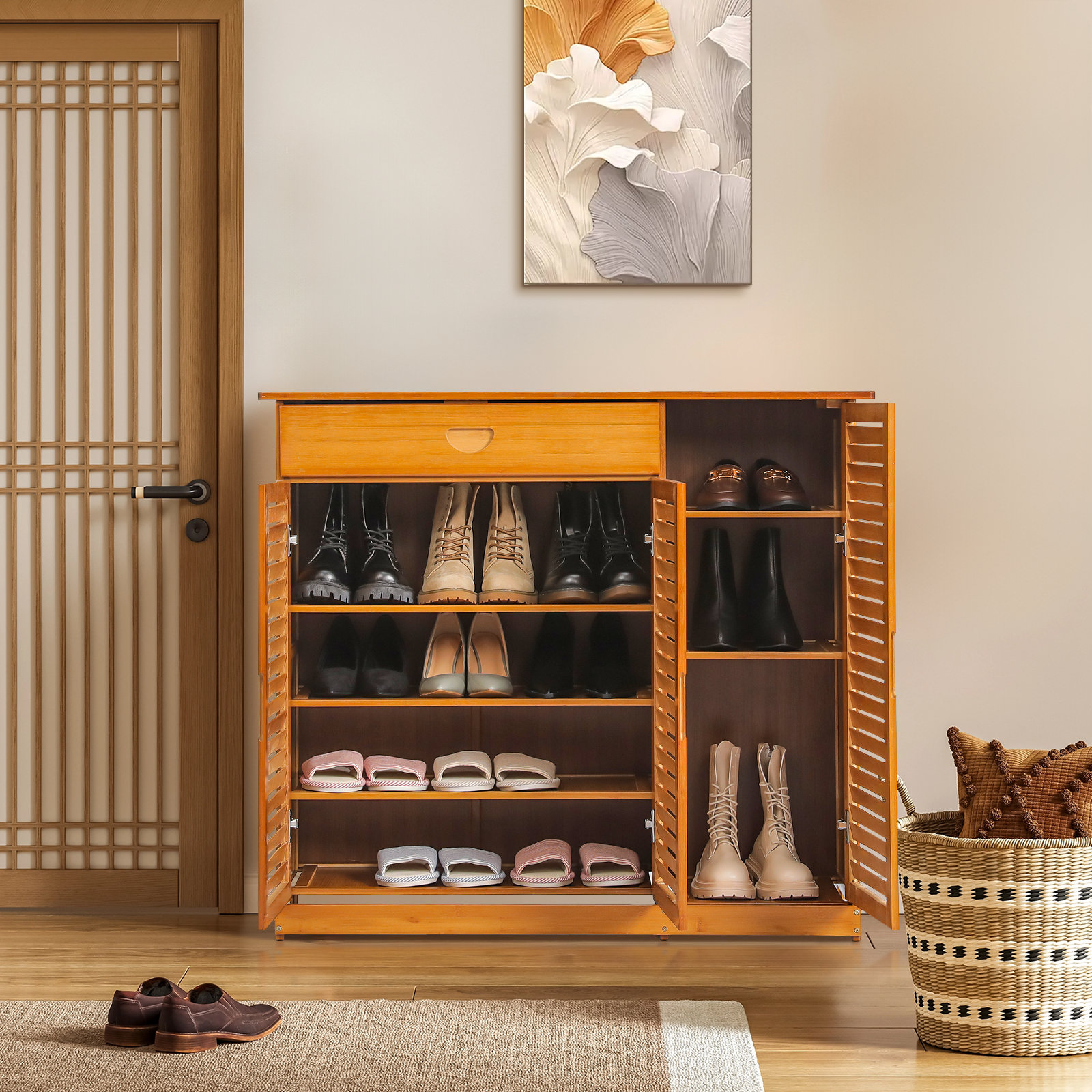 Latitude Run® Bamboo 4-Tier Shoe Rack With Drawer, Holds 18 Pairs ...