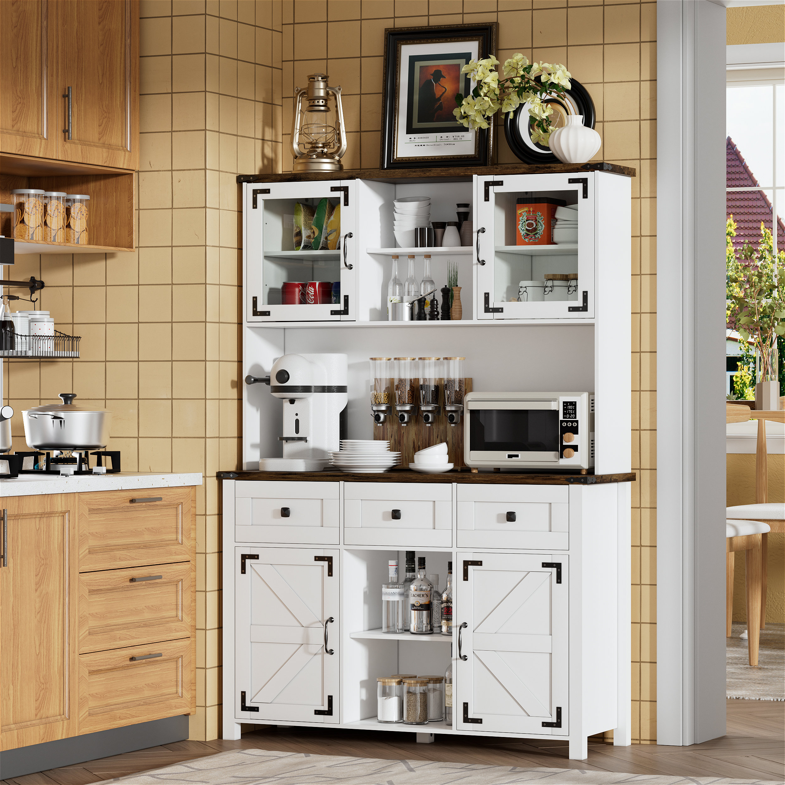 Gracie Oaks Farmhouse Kitchen Pantry Storage Cabinet, 68" Buffet Hutch ...