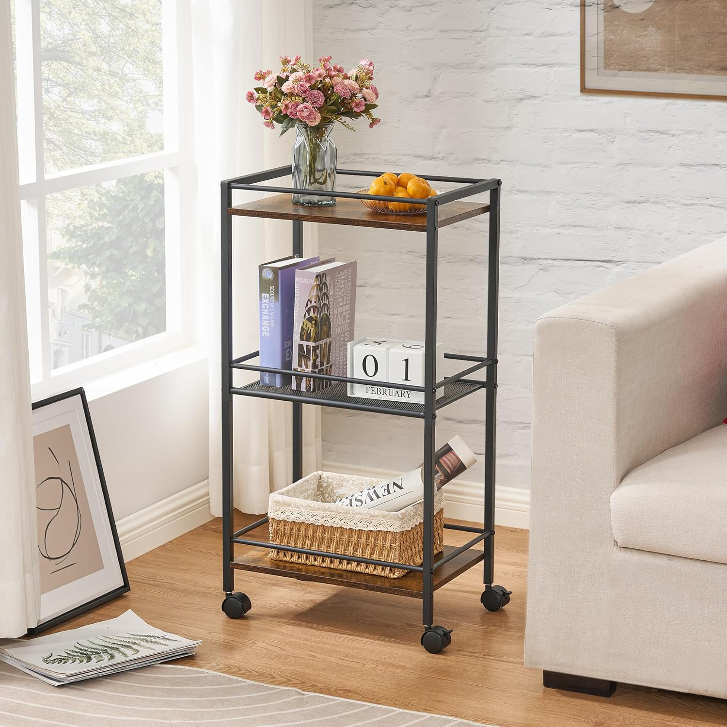 17 Stories Bar Cart 3-Tier Mobile Rolling Cart With Protective Rails ...