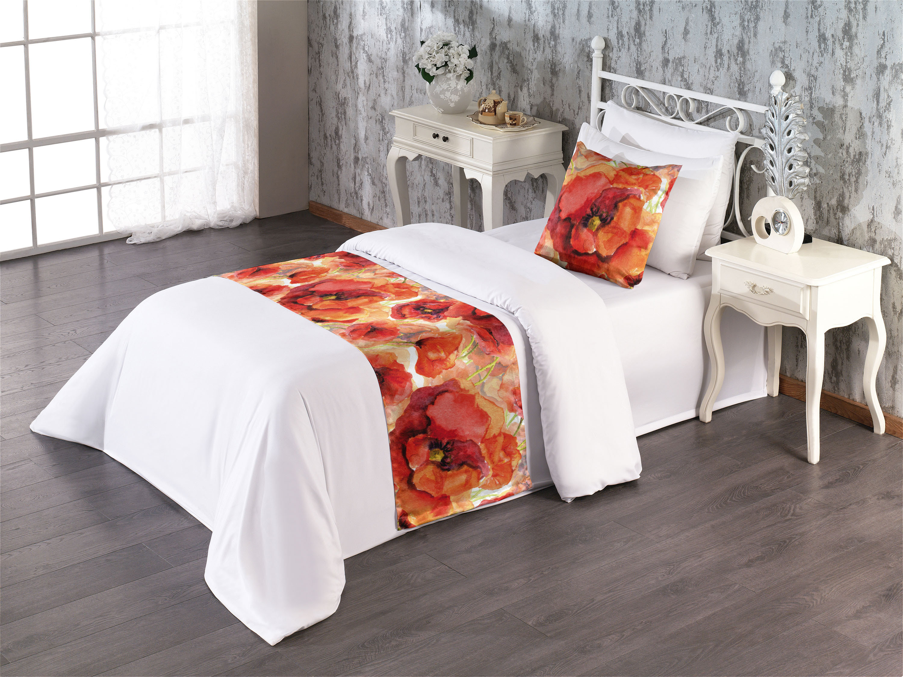 Ambesonne Poppy Bed Runner Set Watercolor Romance Flowers Dark Coral ...