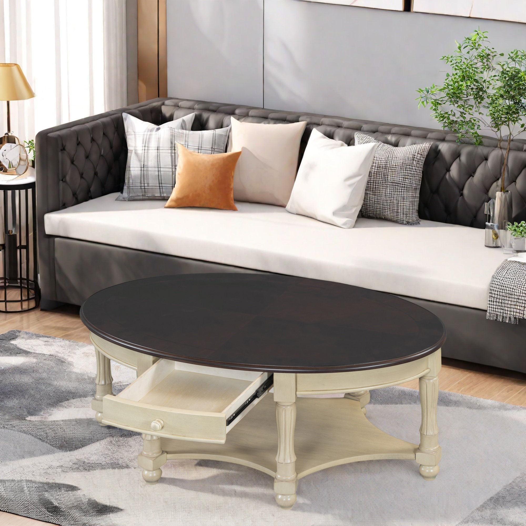 Darby Home Co Coffee Table, Oval Wood Center Table with Drawer and Open ...
