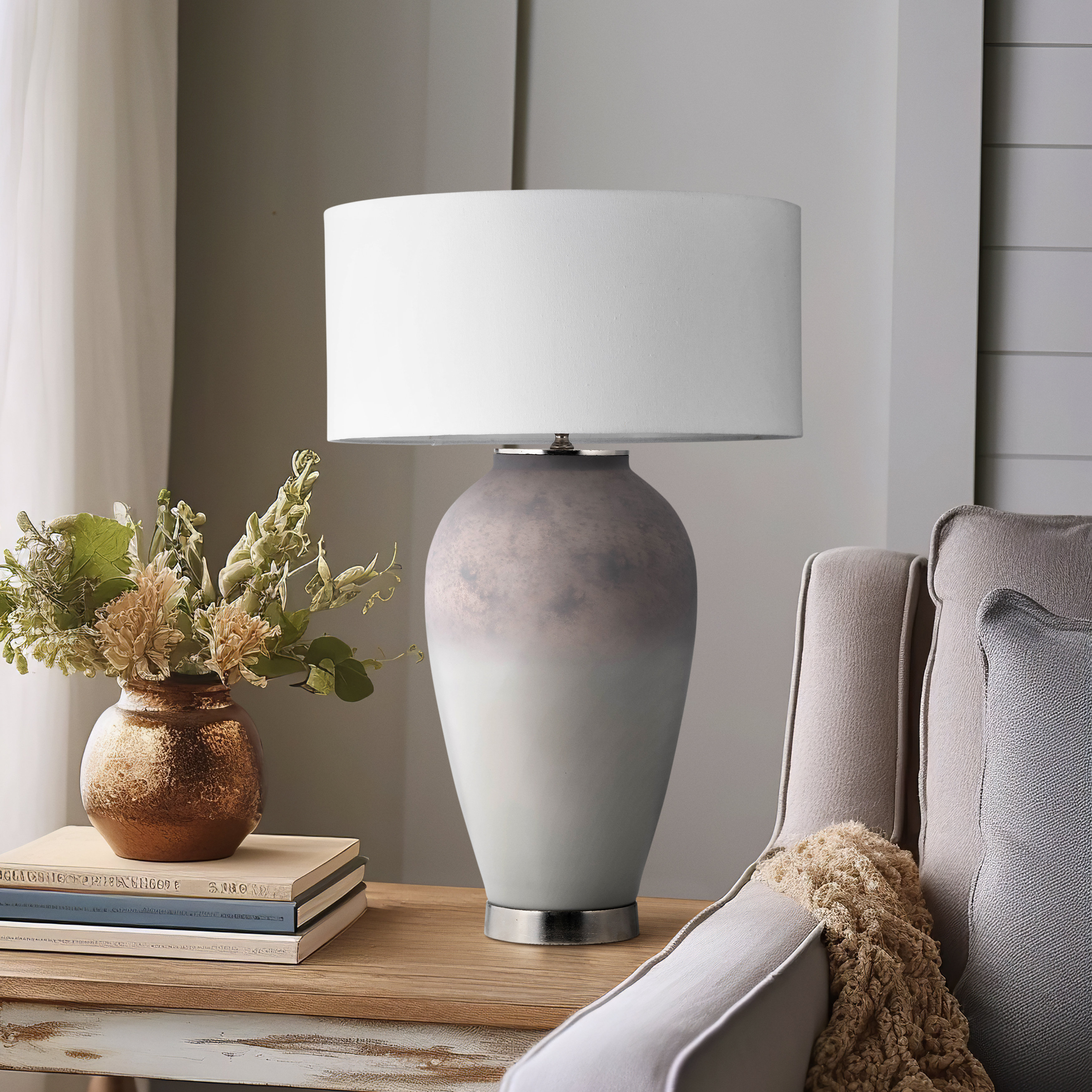 Foundry Select Glass, 28" Ginger Table Lamp, Ivory and Beige, Cylinder ...