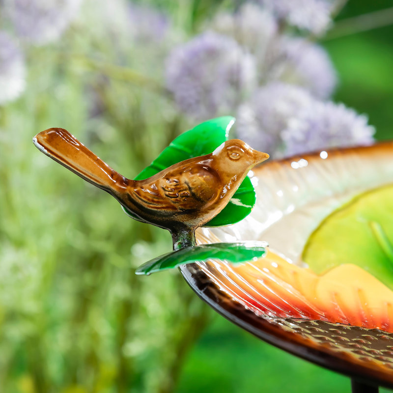 August Grove® 17" Metal Bird Bath, Ladybug & Sunflower | Wayfair