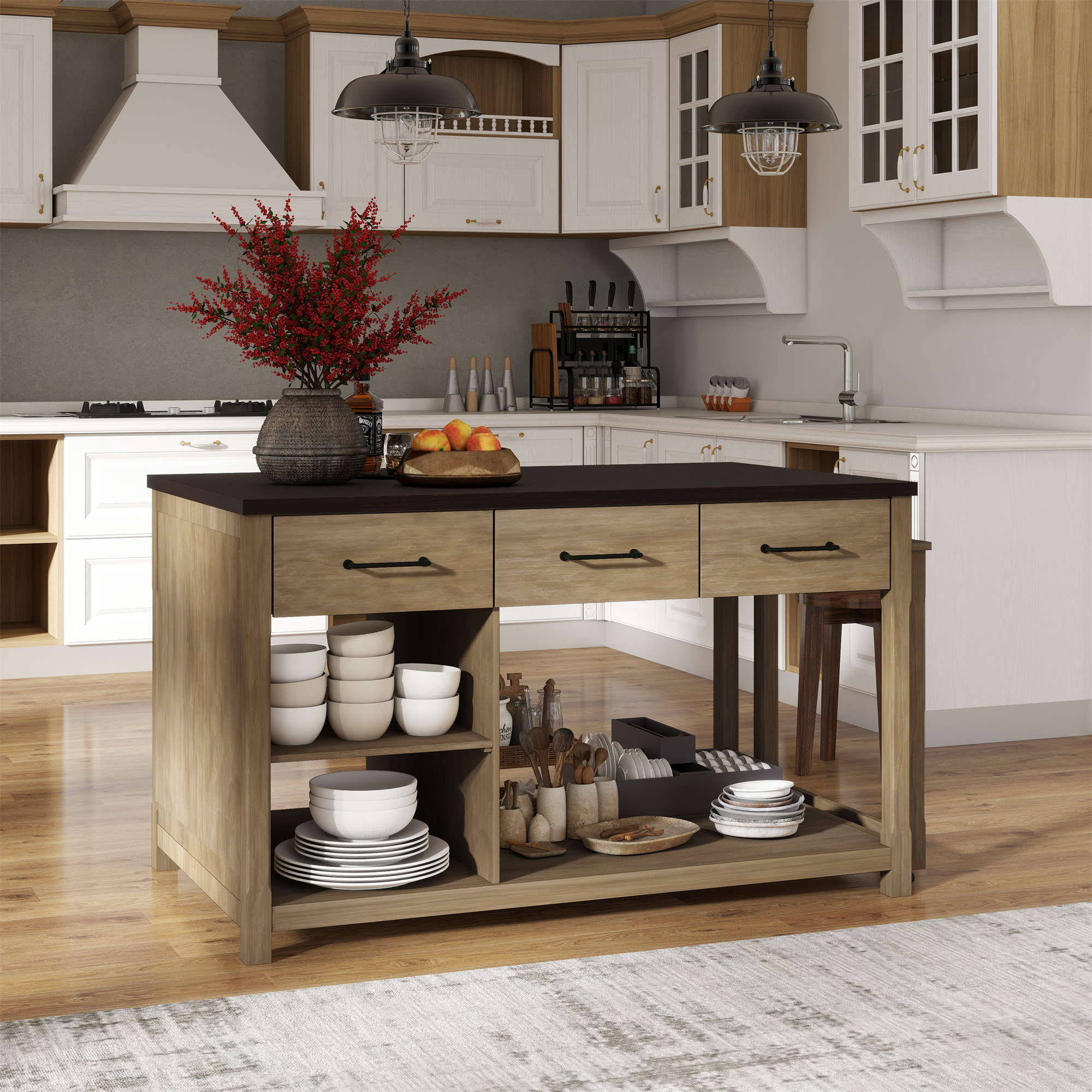 Gracie Oaks Extendable Kitchen Island With Storage, Multi-Functional ...