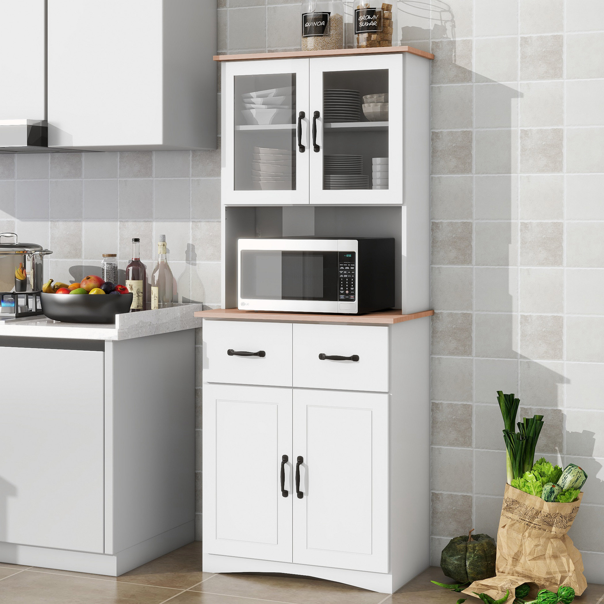 Latitude Run® Chenelle Wooden Kitchen Cabinet White Pantry Storage Microwave Cabinet With Framed ...