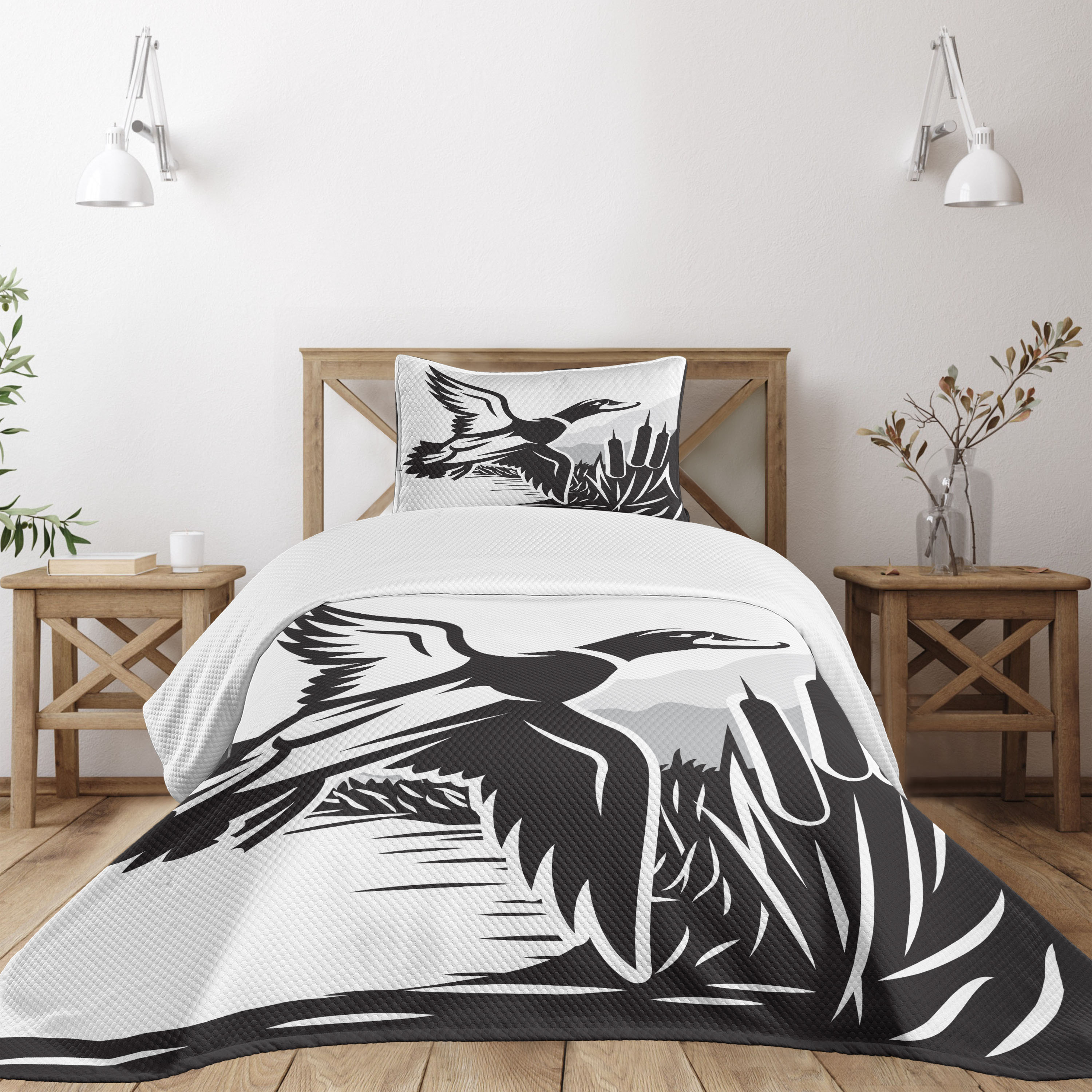 Ambesonne Duck Hunting Bedspread Set Monochromatic Graphics Charcoal ...