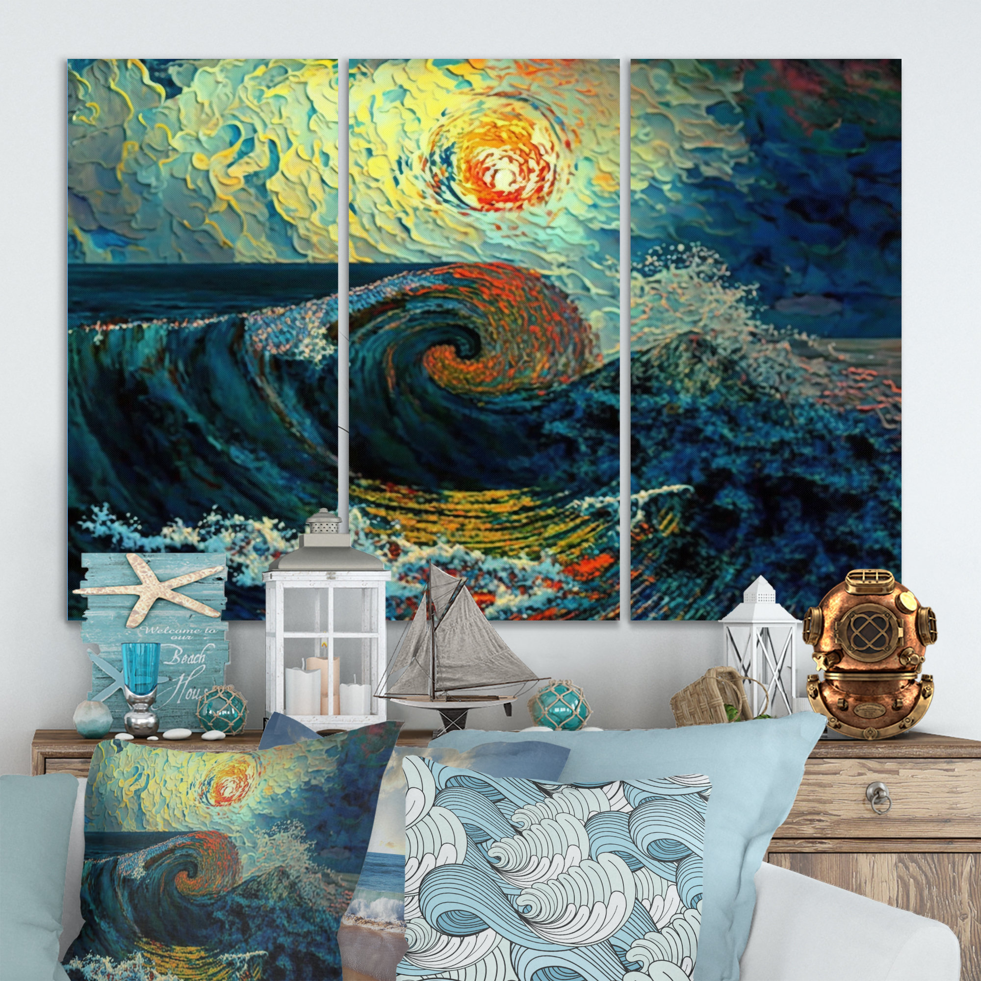 Design Art Wild Waves Breaking In The Sunset - Coastal Waves Wall Decor ...